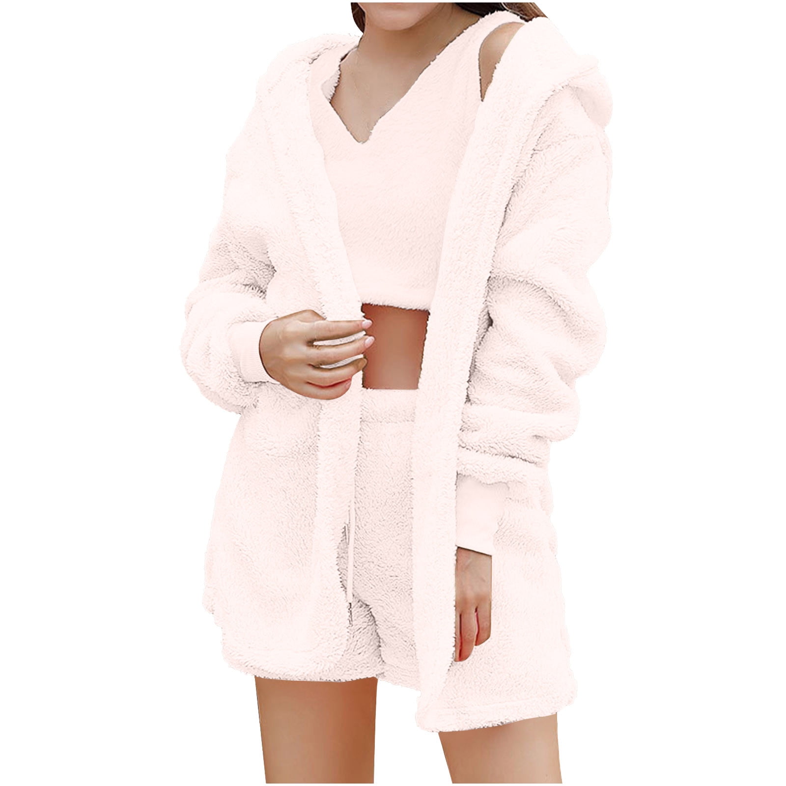 BLVB Women's Fuzzy 3 Piece Sets Pajamas Outfits Soft Hooded Cardigan ...