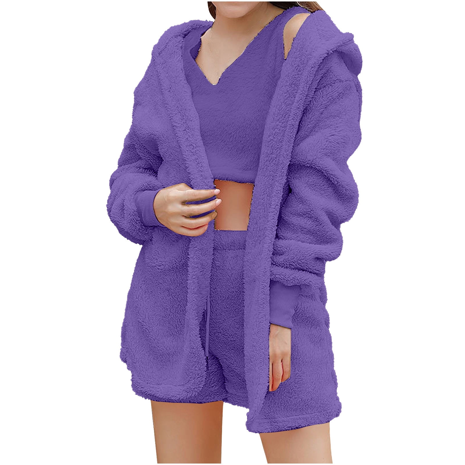 BLVB Women's Fuzzy 3 Piece Sets Pajamas Outfits Soft Hooded Cardigan ...