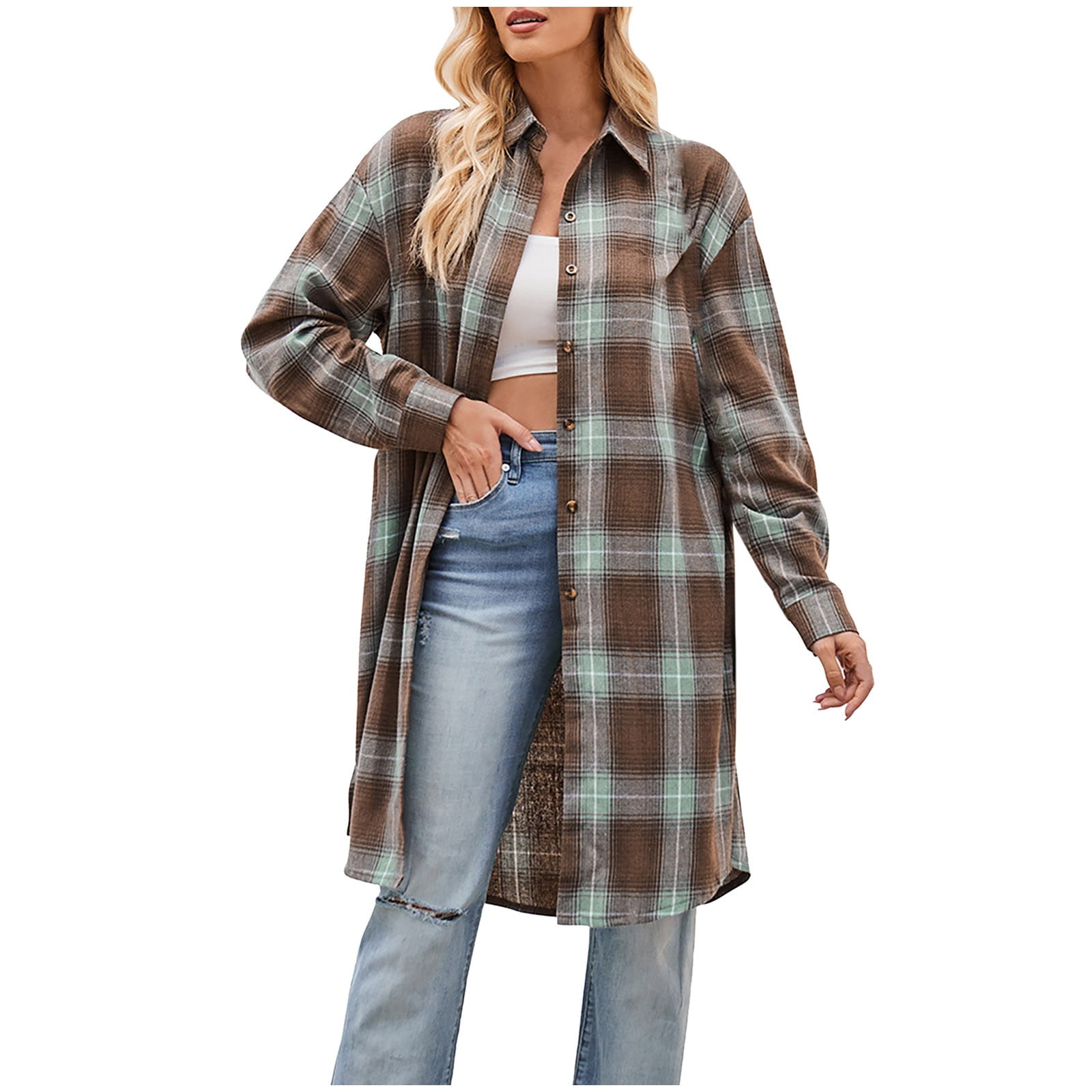 BLVB Women's Plaid Long Shacket Jacket Casual Long Sleeve Button down ...