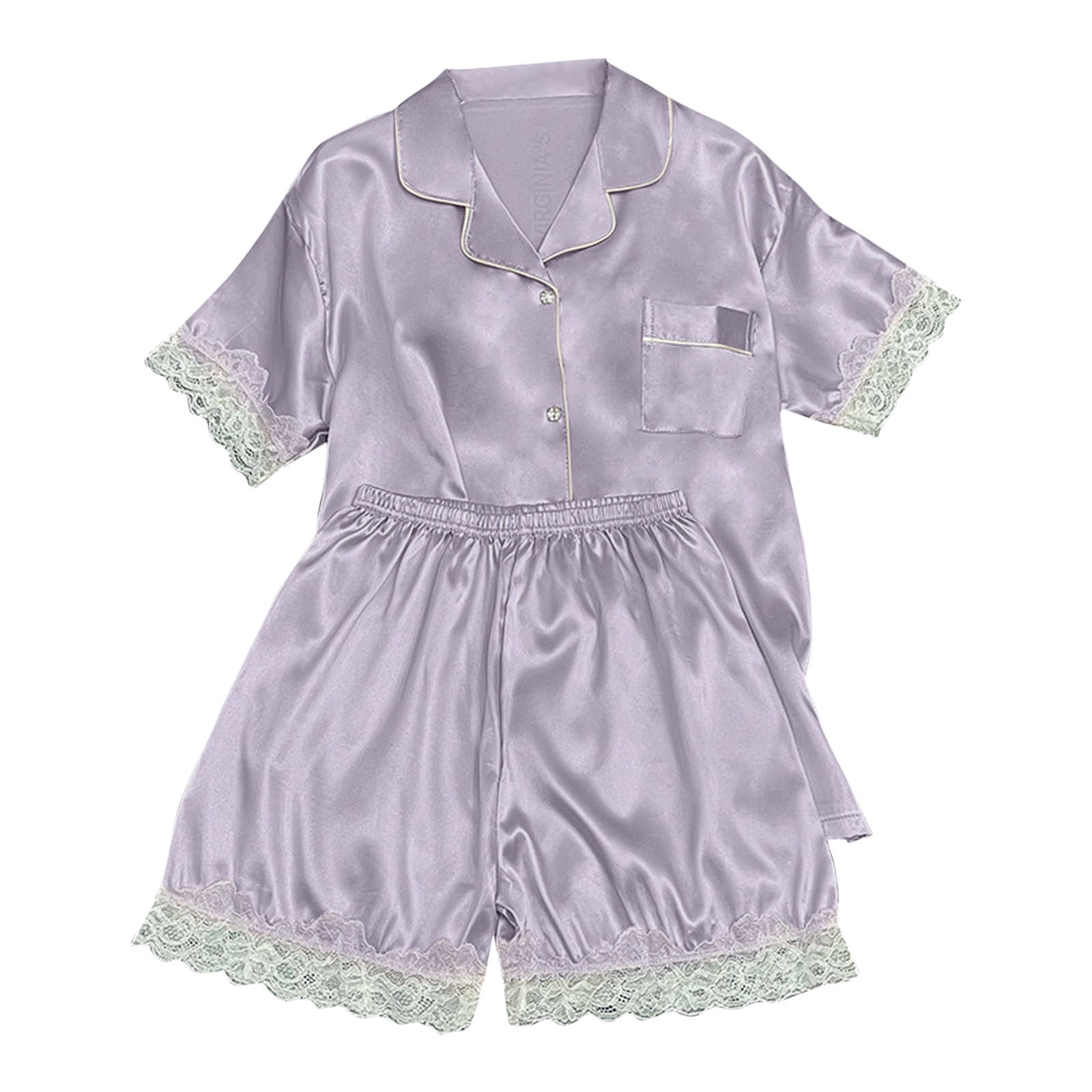 BLVB Women's Satin Silk Pajamas Set Lace Short Sleeve Button down Shirt ...