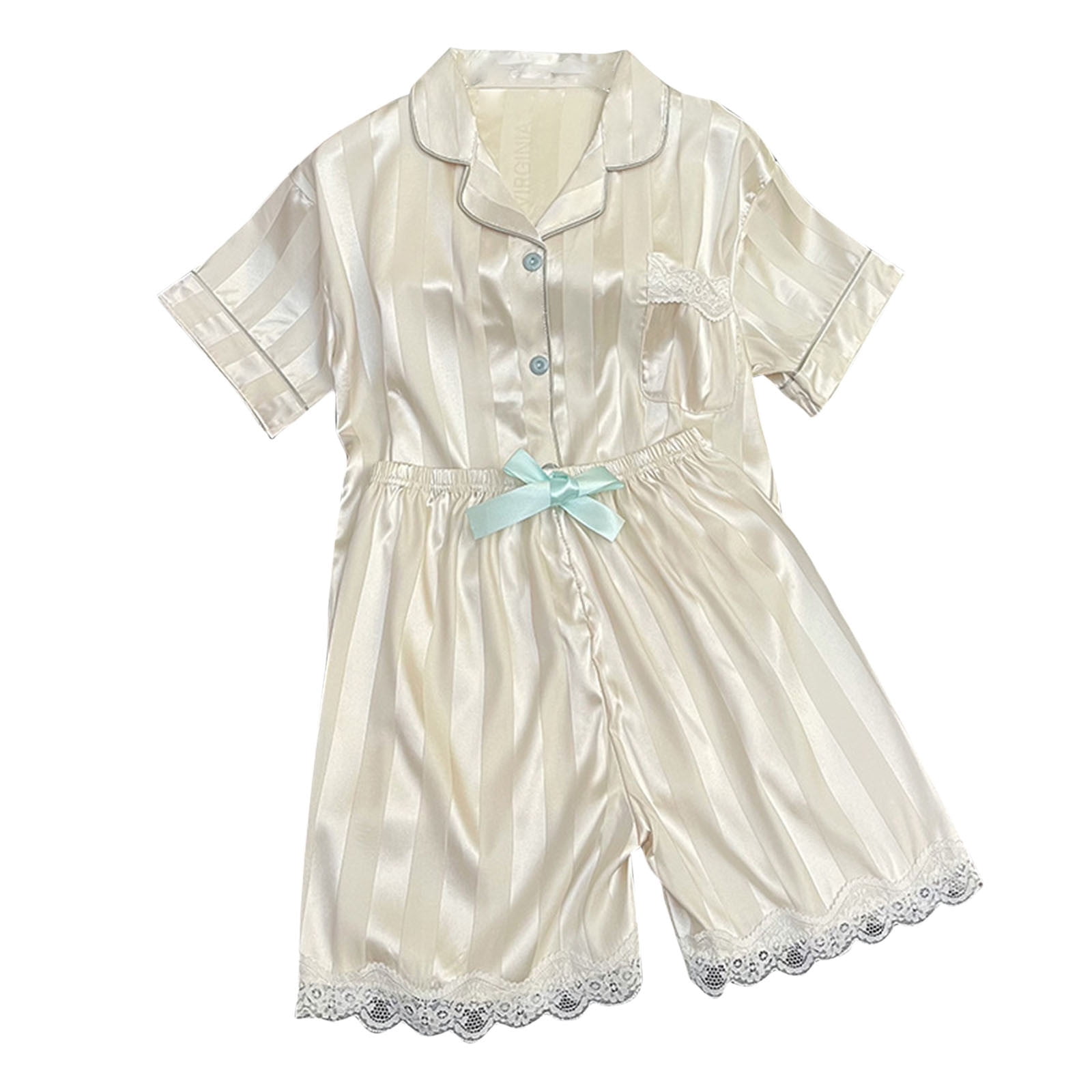 BLVB Women's Satin Silk Pajamas Set Lace Short Sleeve Button down Shirt ...
