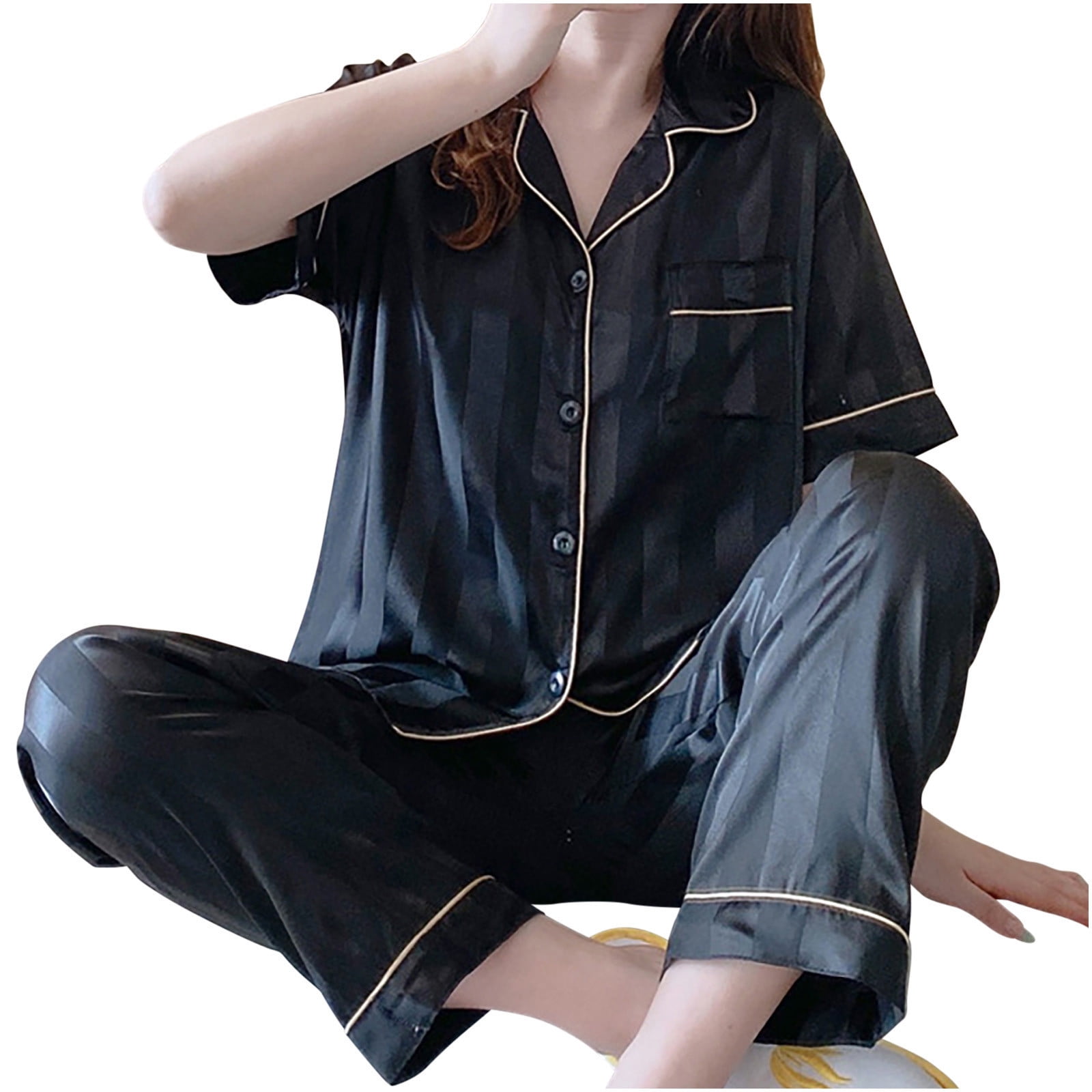 Blvb Womens Satin Silk Pajamas Set Short Sleeve Button Down Shirt And