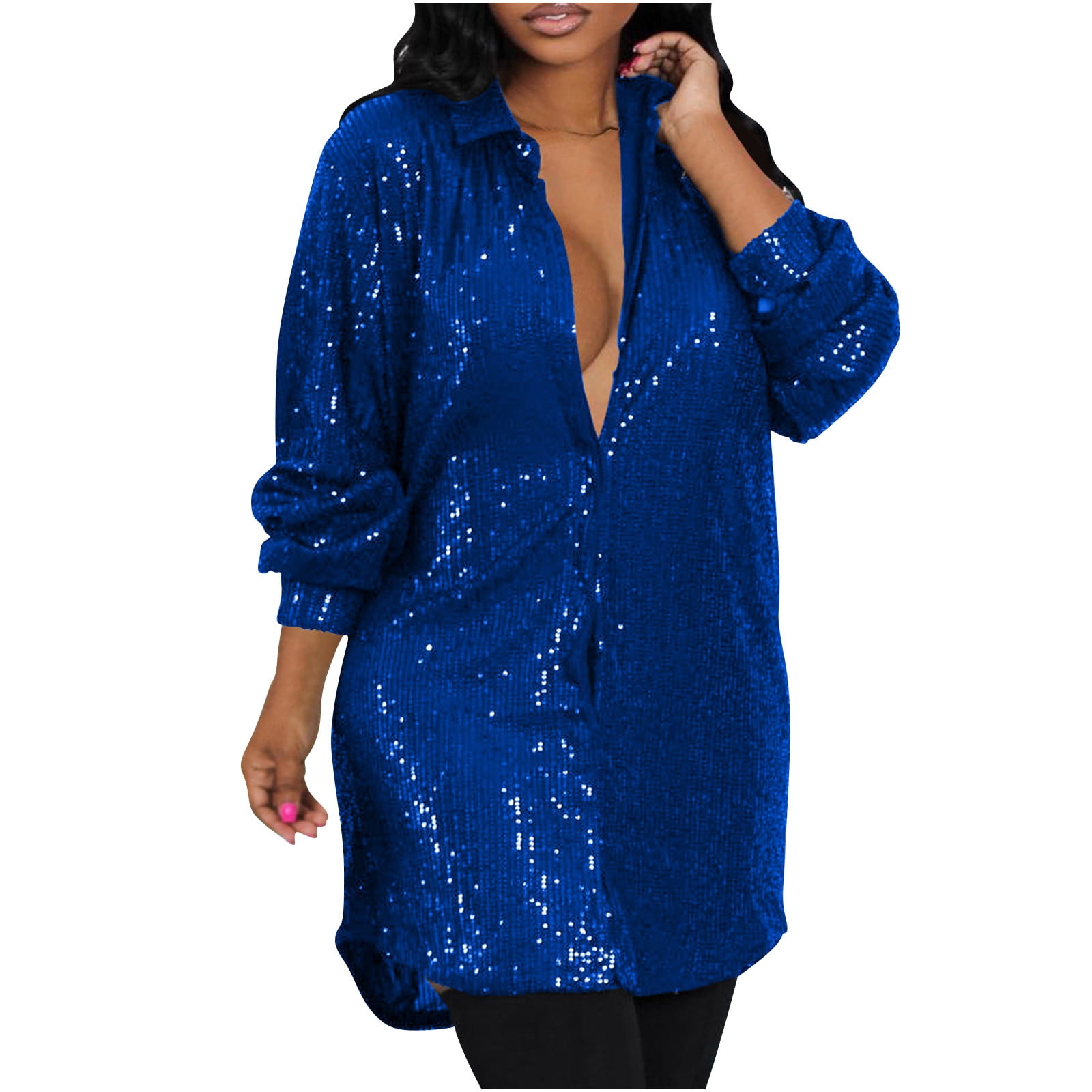 Customer reviews for BLVB Women's Sequin Sparkly Button Down Shirt Dress Long Sleeve Loose Fit ...