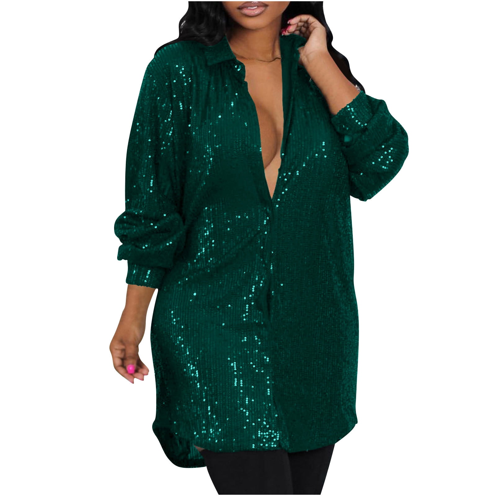 BLVB Women's Sequin Sparkly Button Down Shirt Dress Long Sleeve Loose ...