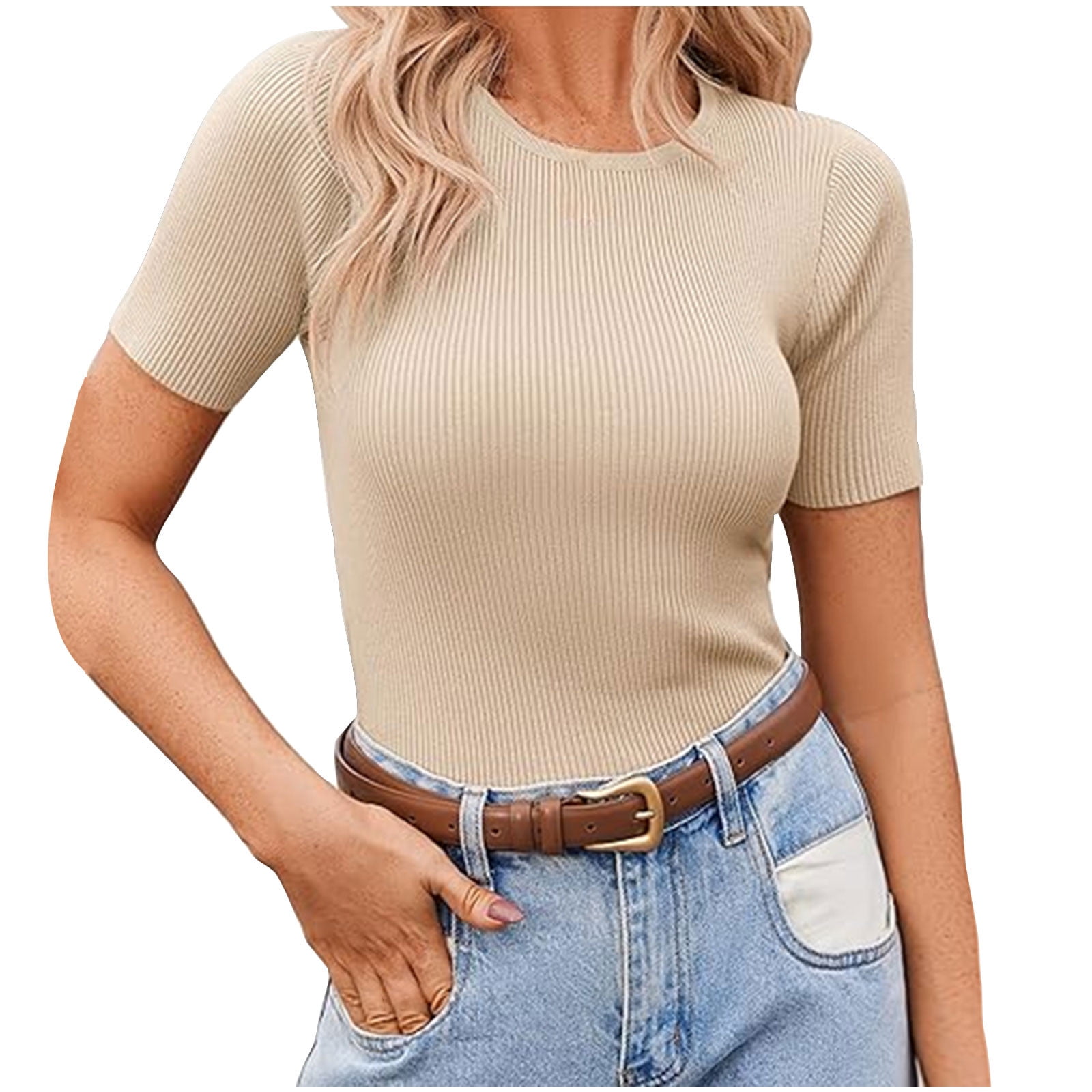 BLVB Women's Short Sleeve Basic Slim Fitted Tops Crewneck Ribbed Knit T ...