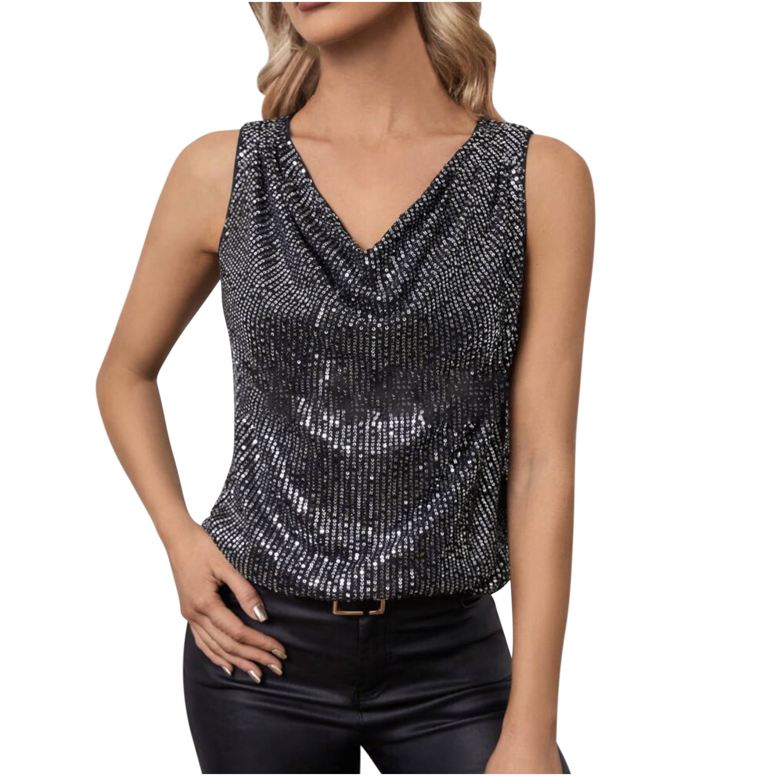 Blvb Womens Sleeveless Cowl Neck Sequin Tank Tops Sparkly Club Party Shirts Glitter Cocktail
