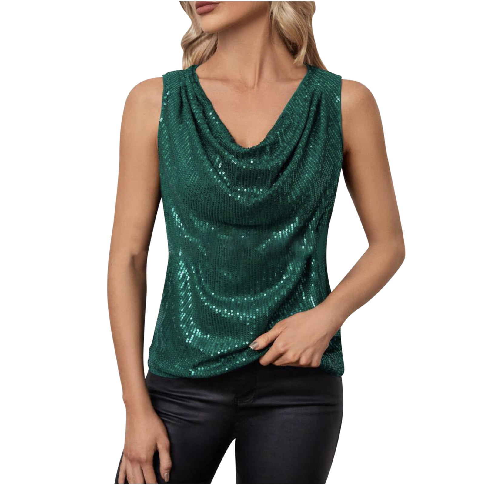 BLVB Women's Sequins Tank Tops Cowl Neck Sleeveless Sparkly Glitter ...