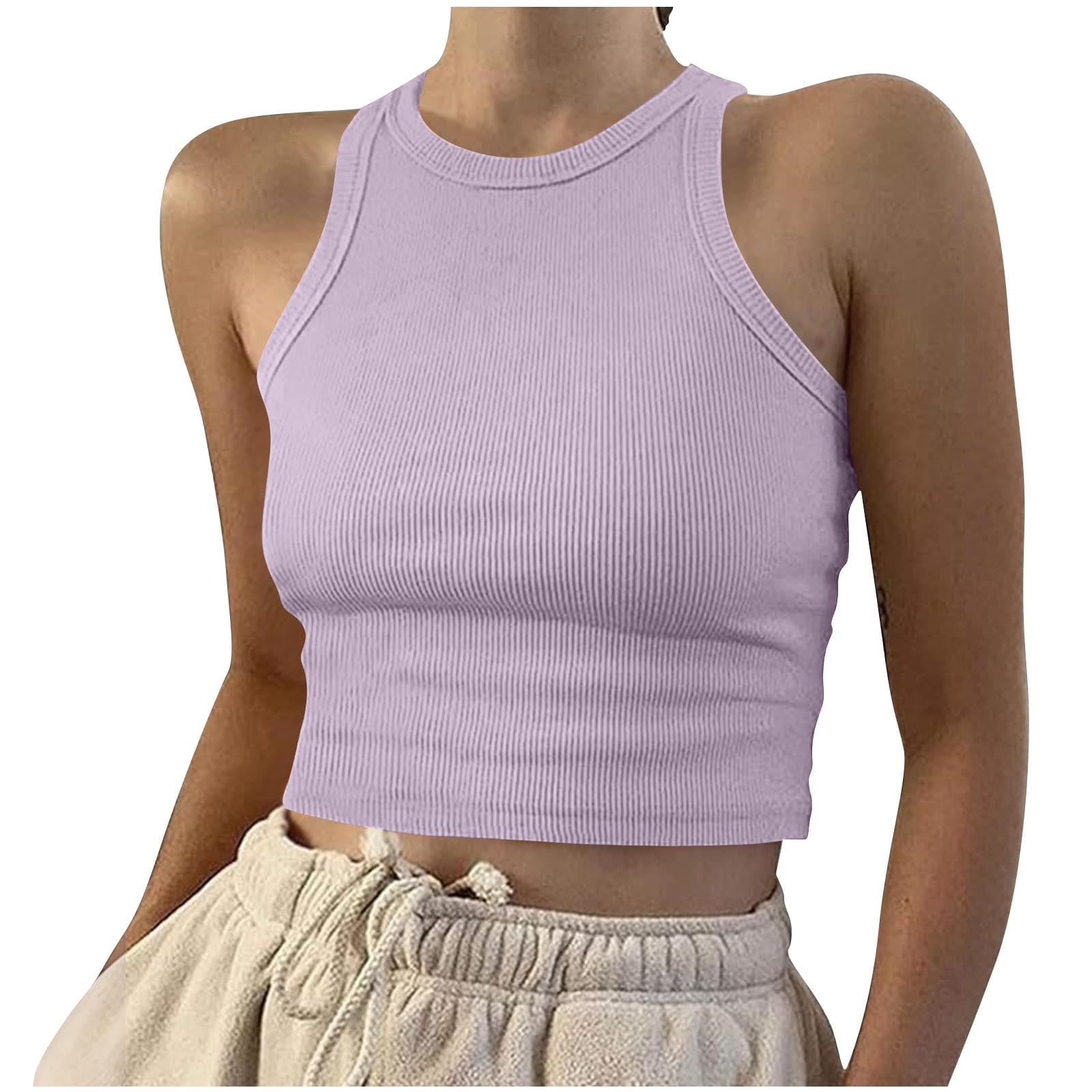 BLVB Women's Sleeveless Crop Top Basic Crewneck Tank Tops Ribbed Casual ...