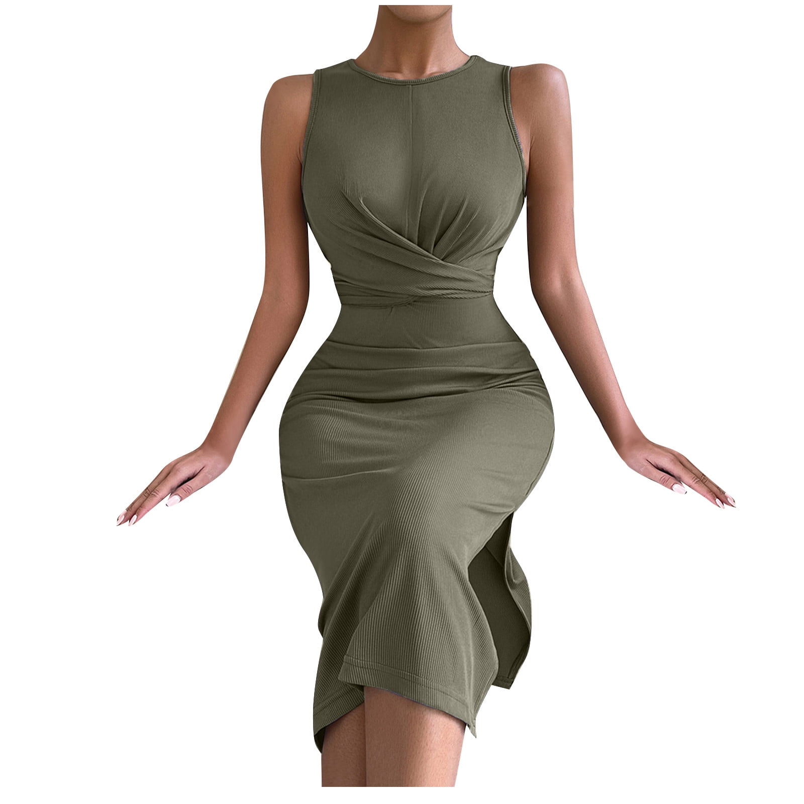 BLVB Women's Sleeveless Slim Dress Crewneck Pleat Waist Slit Ribbed ...