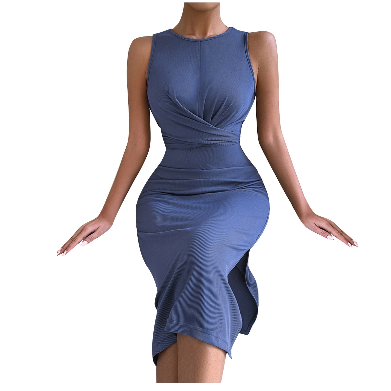 BLVB Women's Sleeveless Slim Dress Crewneck Pleat Waist Slit Ribbed ...
