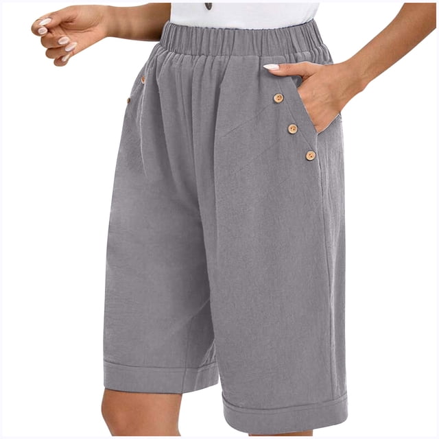 BLVB Women's Summer Cotton Linen Shorts Loose Elastic Waist Knee Length ...