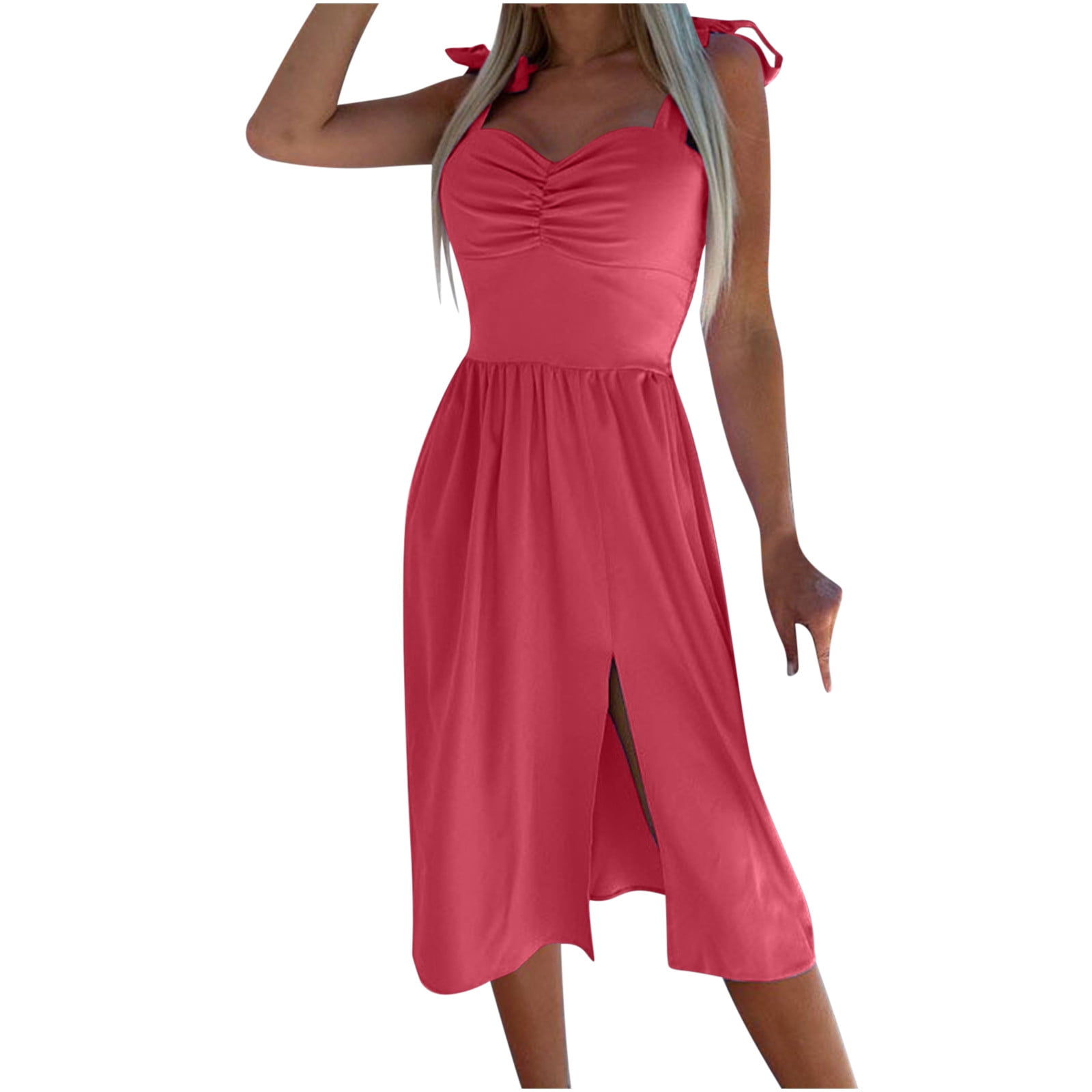 BLVB Women’s Summer Slip Dress Sweetheart Neckline Knot Strap Slit Sleeveless Elegant Midi Party ...