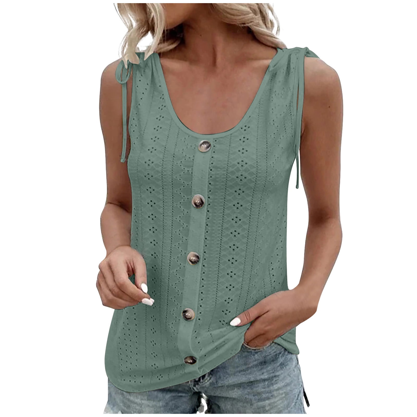 BLVB Women's Summer Tank Tops 2024 Round Neck Buttons Sleeveless Eyelet ...