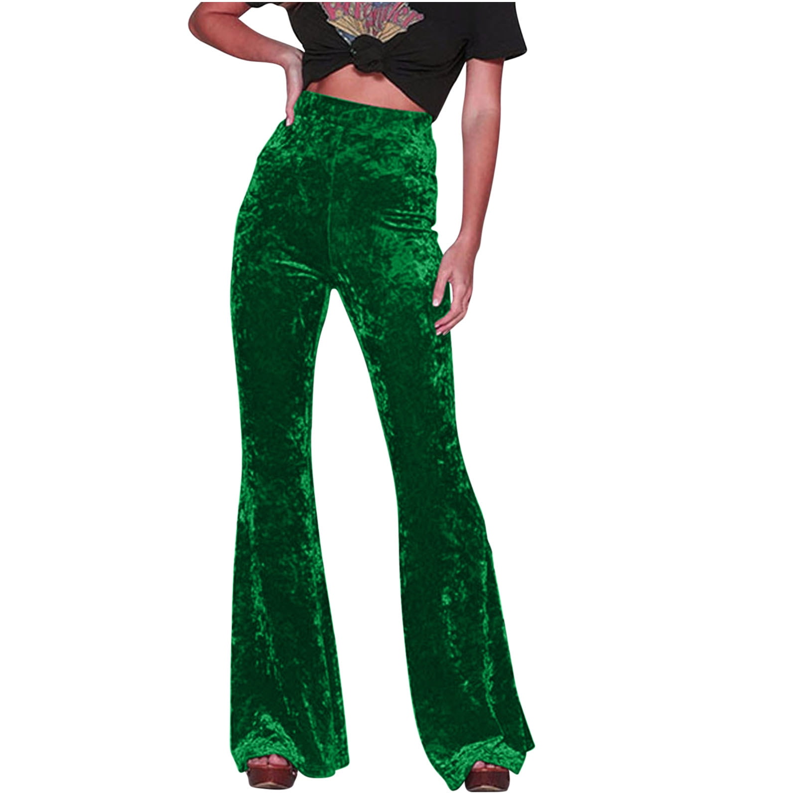 BLVB Women's Velvet Elastic Waist Flare Leg Palazzo Long Pants Casual ...