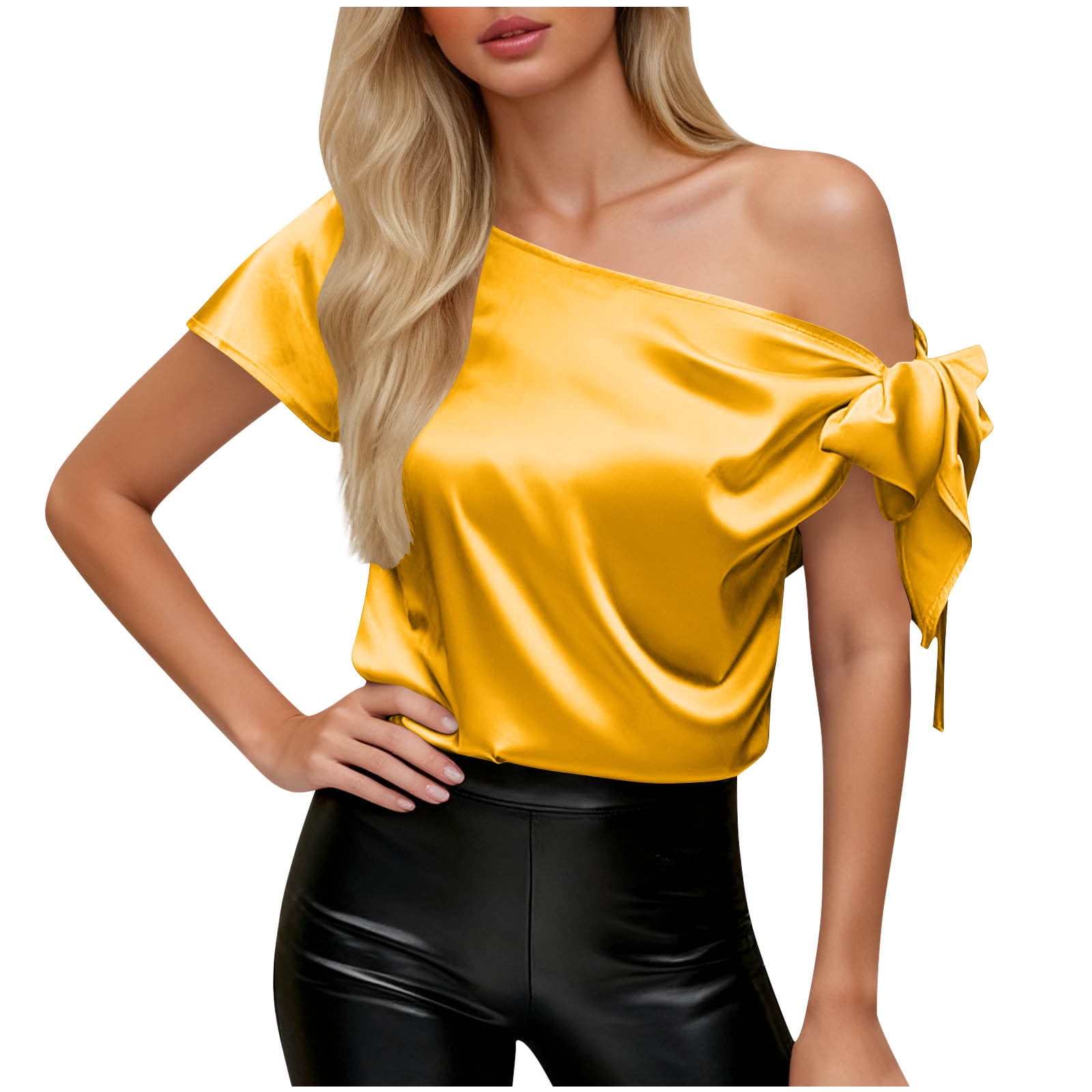 BLVB Women's off Shoulder Silk Tops Casual Short Sleeve Asymmetrical ...