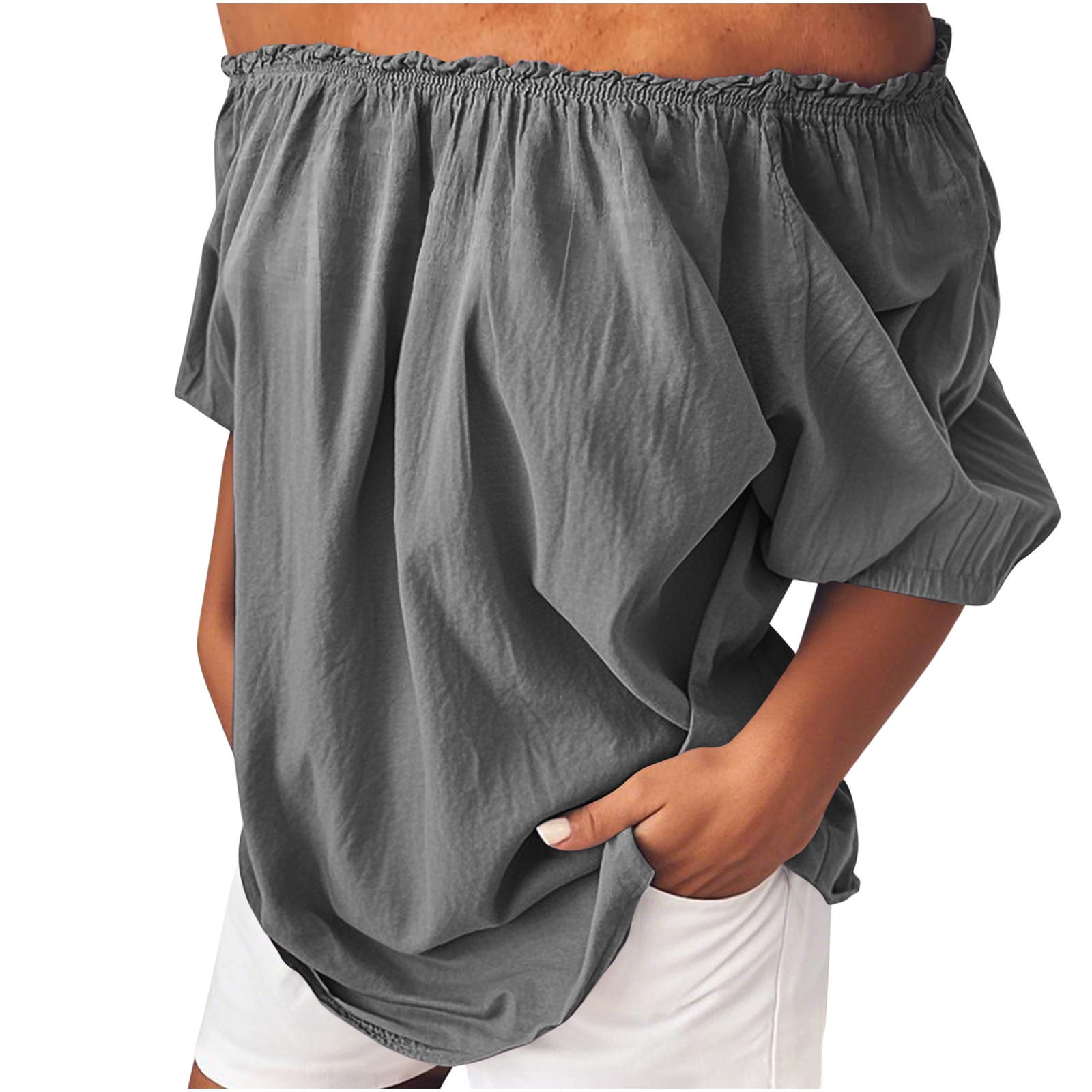 BLVB Women's off Shoulder Tops Ruffle Half Sleeve Cotton Linen Blouse ...