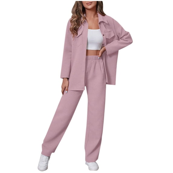 BLVB Womens 2 Piece Outfits Long Sleeve Button down Tops Jacket and ...