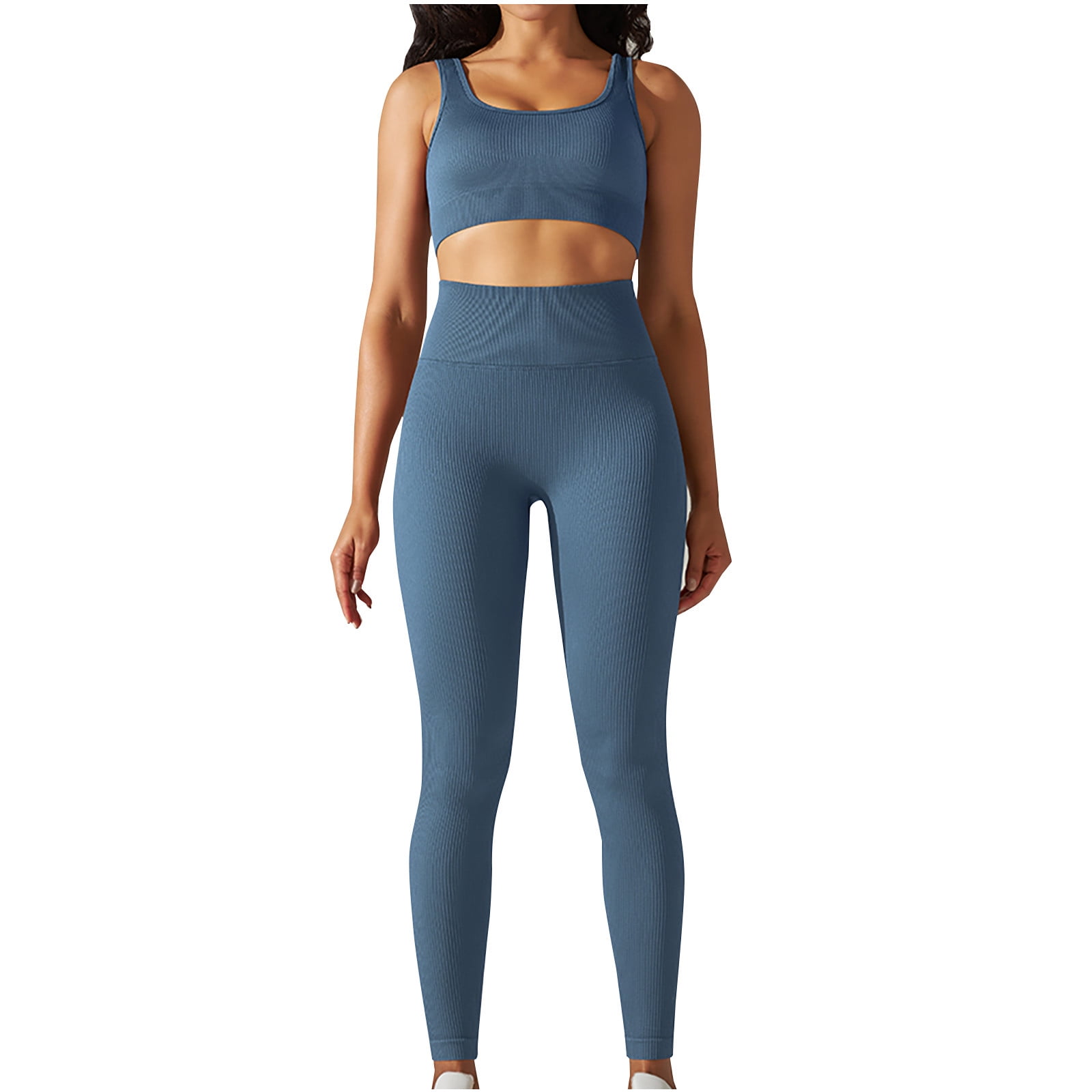 BLVB Womens 2 Piece Workout Set Yoga Outfit Ribbed Seamless Sport Bra ...