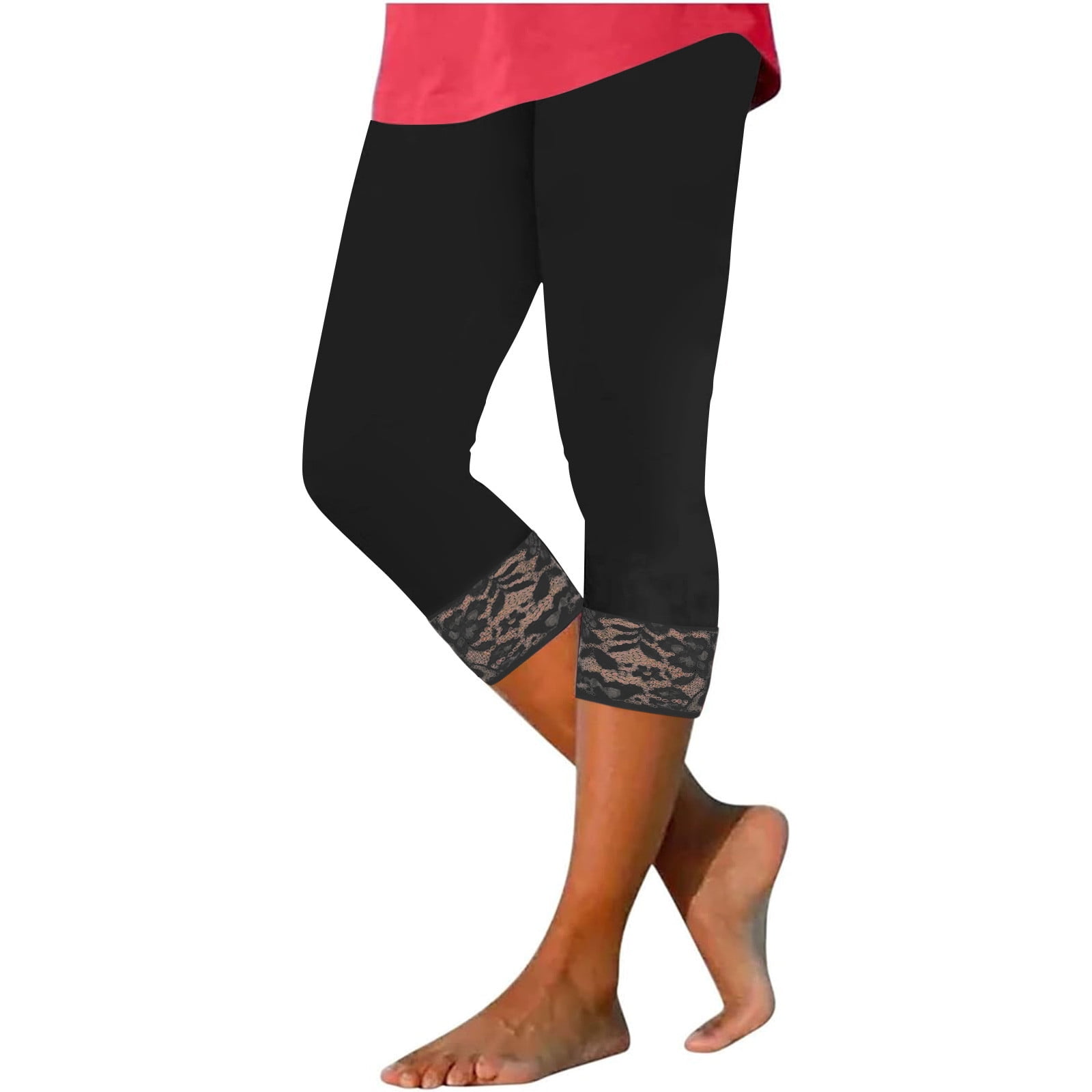 BLVB Womens Summer Capri Leggings Lace Trim Beach Vacation Pants High ...