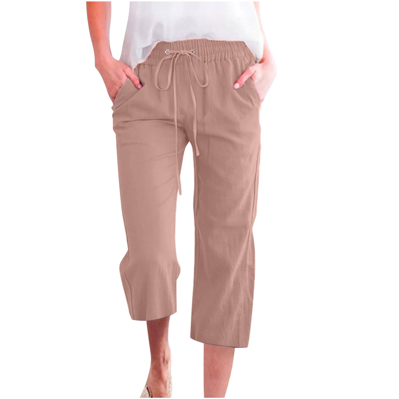 BLVB Womens Summer Cotton Linen Capri Pants Baggy Elastic Waist Wide ...