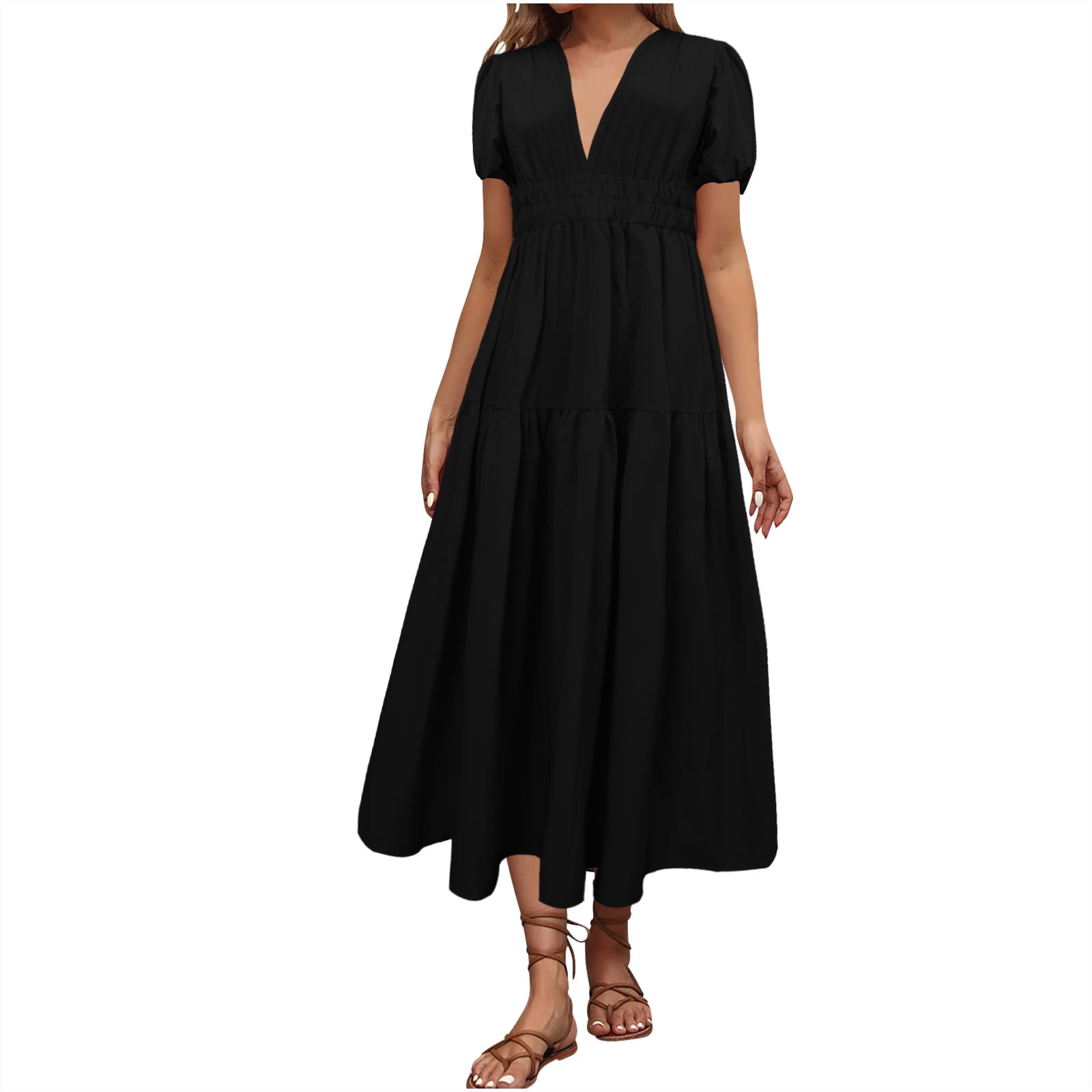 BLVB Womens 2025 Summer V Neck Maxi Dresses Spring Casual Puff Short ...