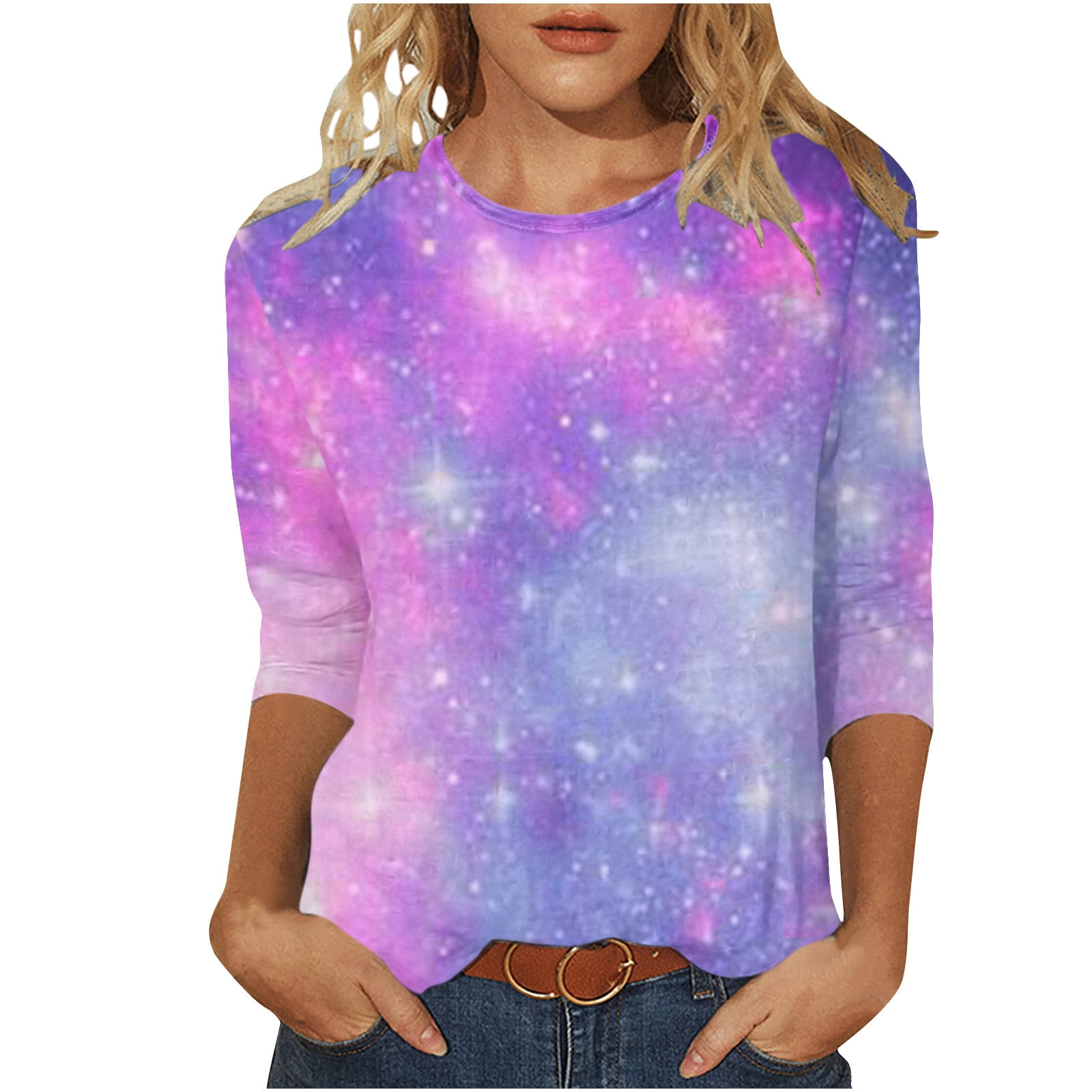 BLVB Womens 3/4 Sleeve Glitter Tops Trendy Sequin Print Party Tee Tops ...
