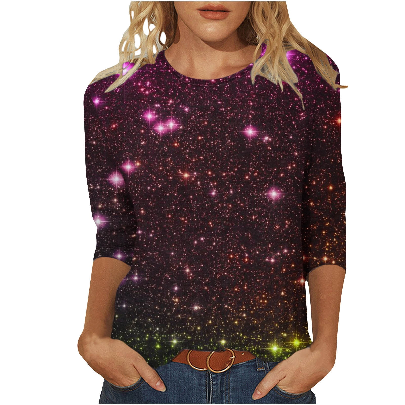 BLVB Womens 3/4 Sleeve Glitter Tops Trendy Sequin Print Party Tee Tops ...