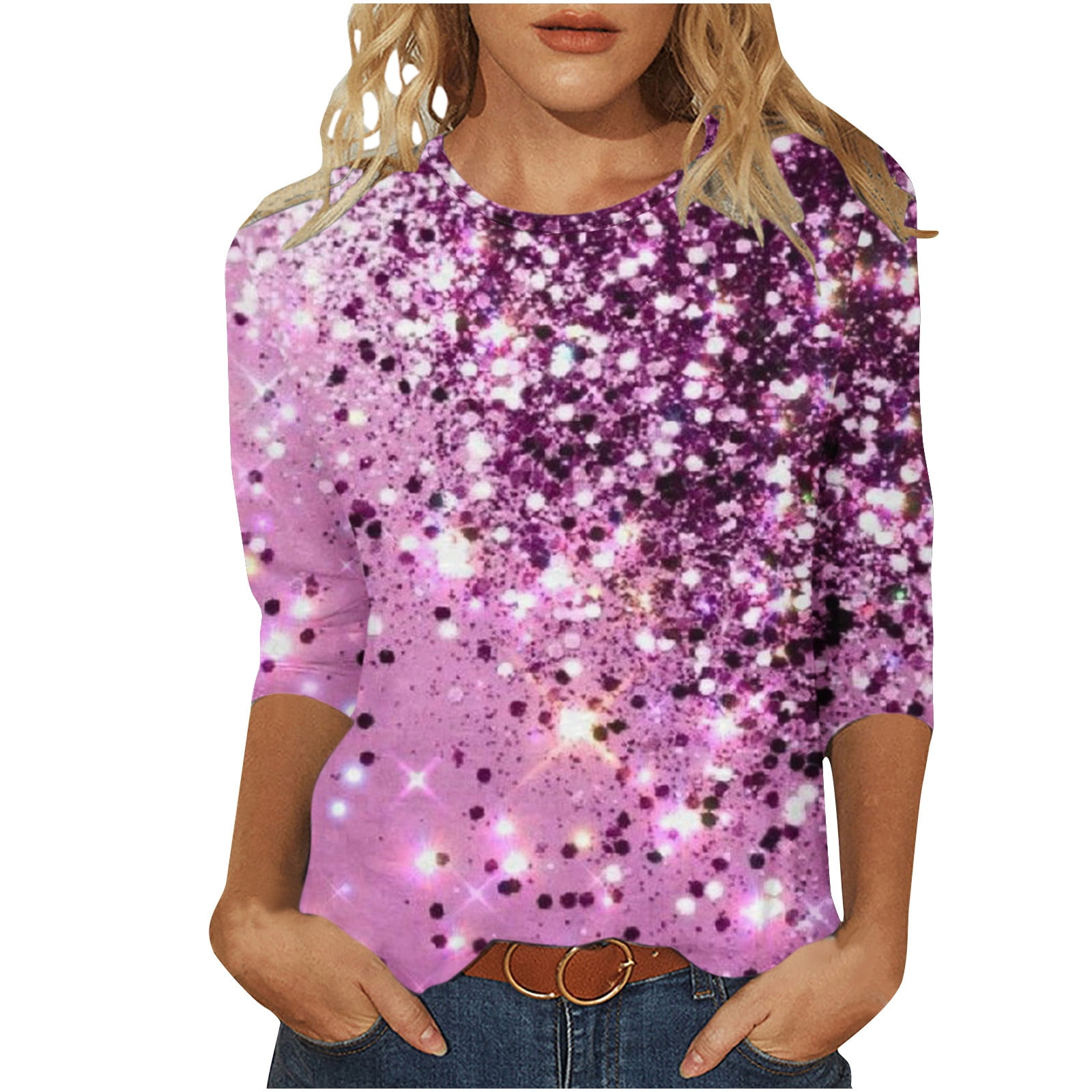 BLVB Womens 3/4 Sleeve Glitter Tops Trendy Sequin Print Party Tee Tops ...