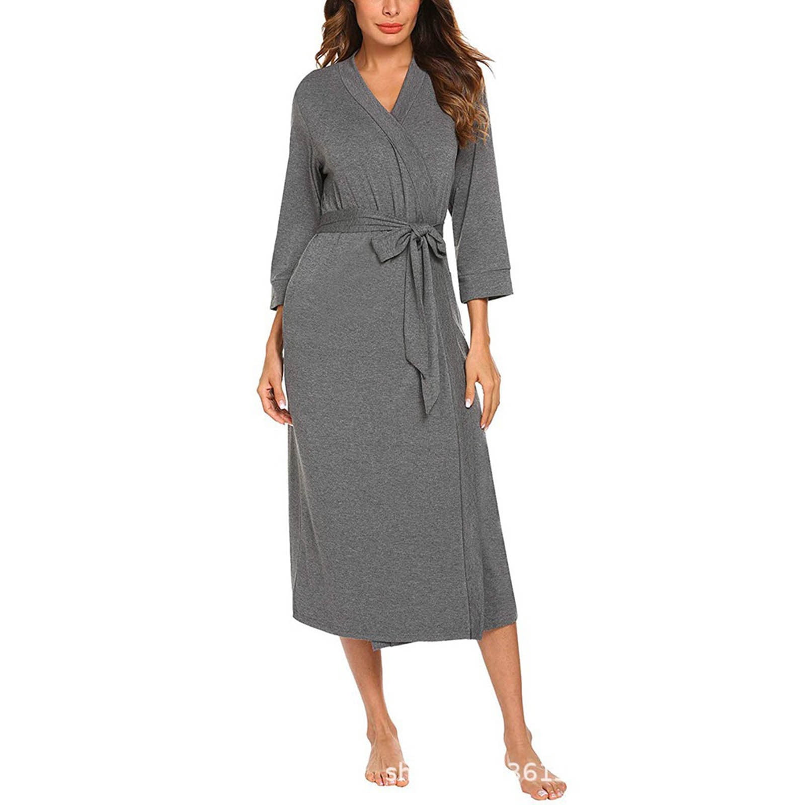 BLVB Womens 3/4 Sleeve Robes Bathrobe V Neck Soft Lightweight Belted ...