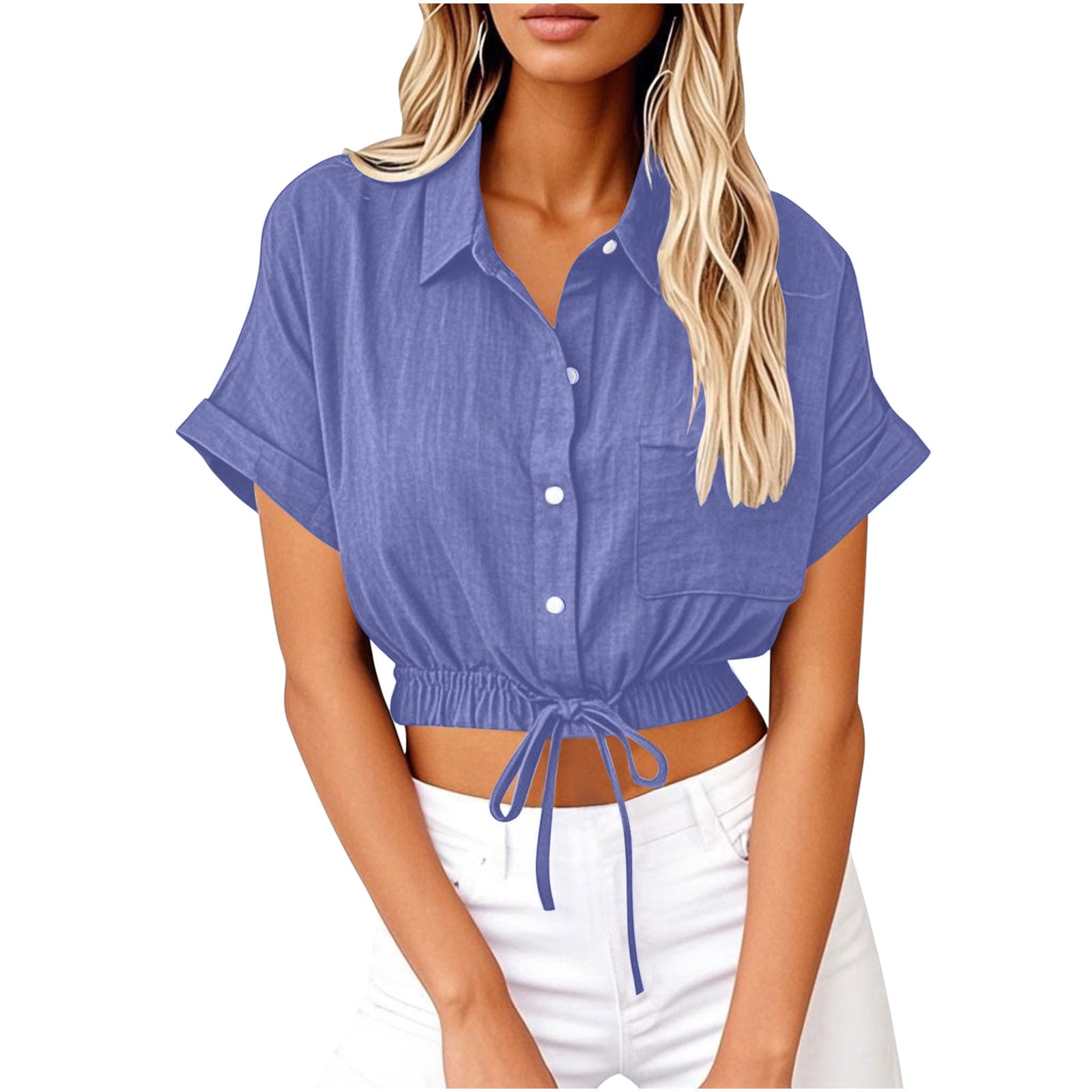 BLVB Womens Cotton Linen Button down Cropped Shirts Short Sleeve Casual ...