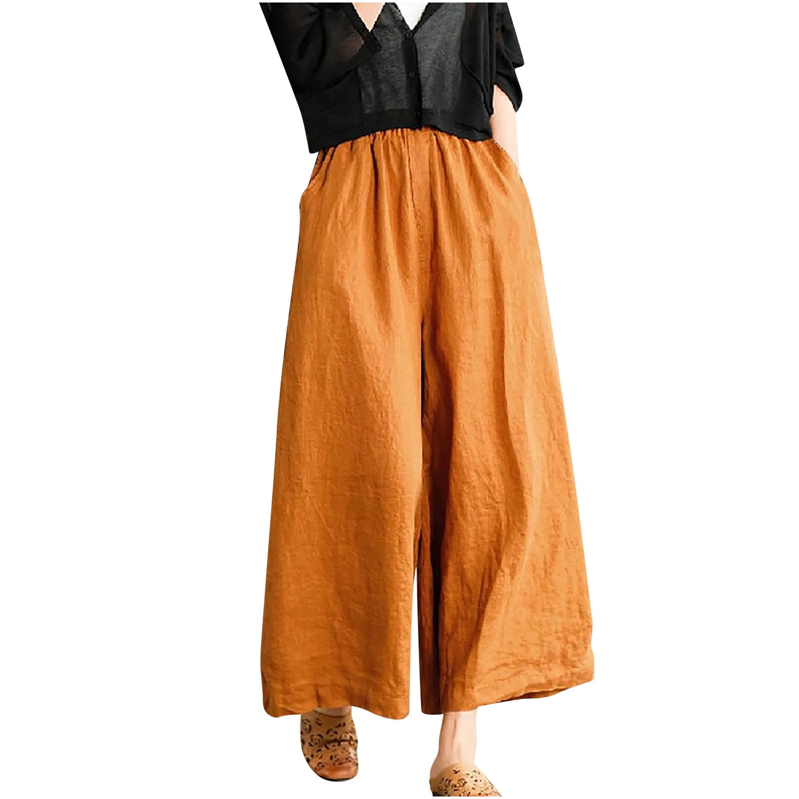 Blvb Womens Cotton Linen Capri Pants Elastic Waist Baggy Cropped