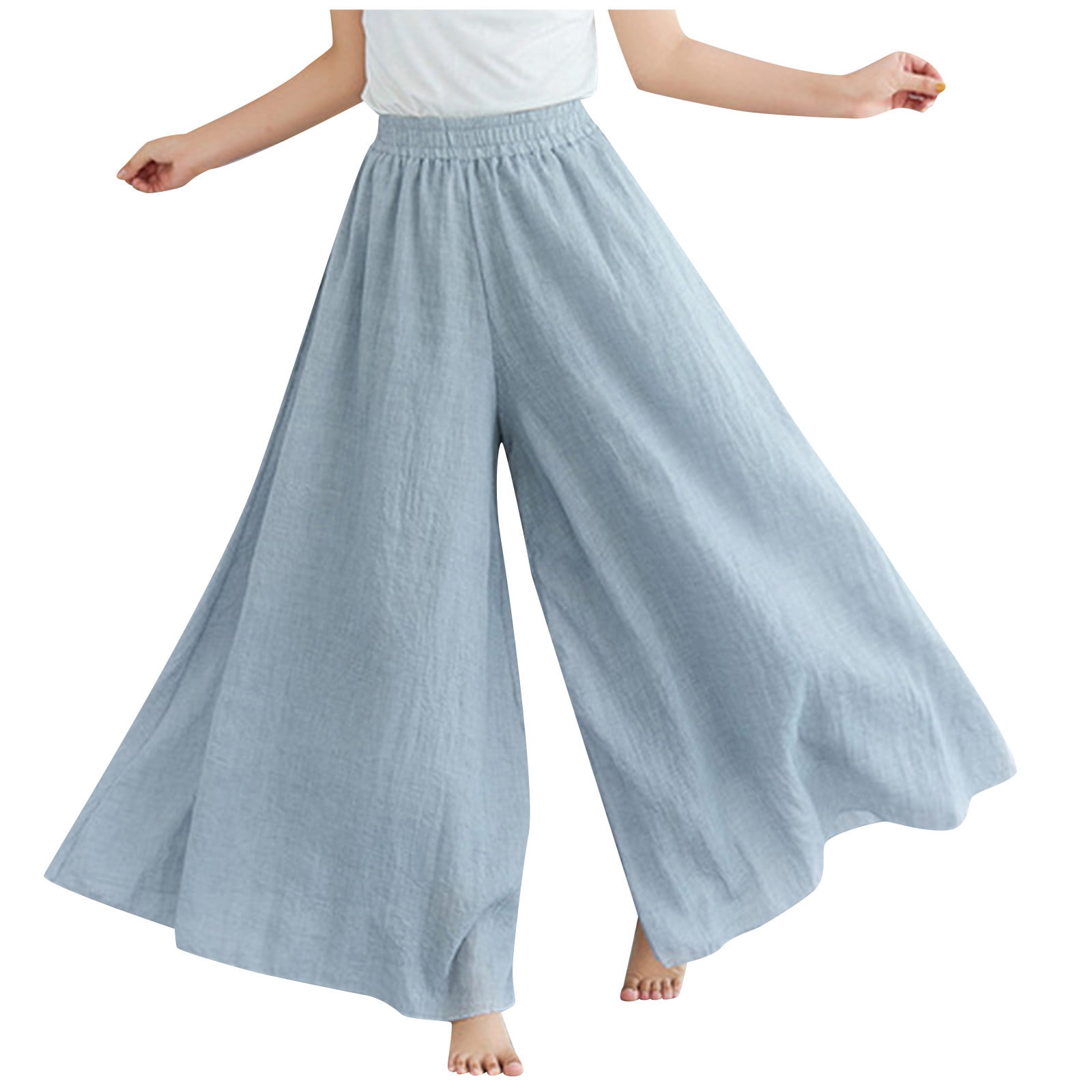 Blvb Womens Cotton Linen Palazzo Pants Casual Loose Elastic Waist Wide