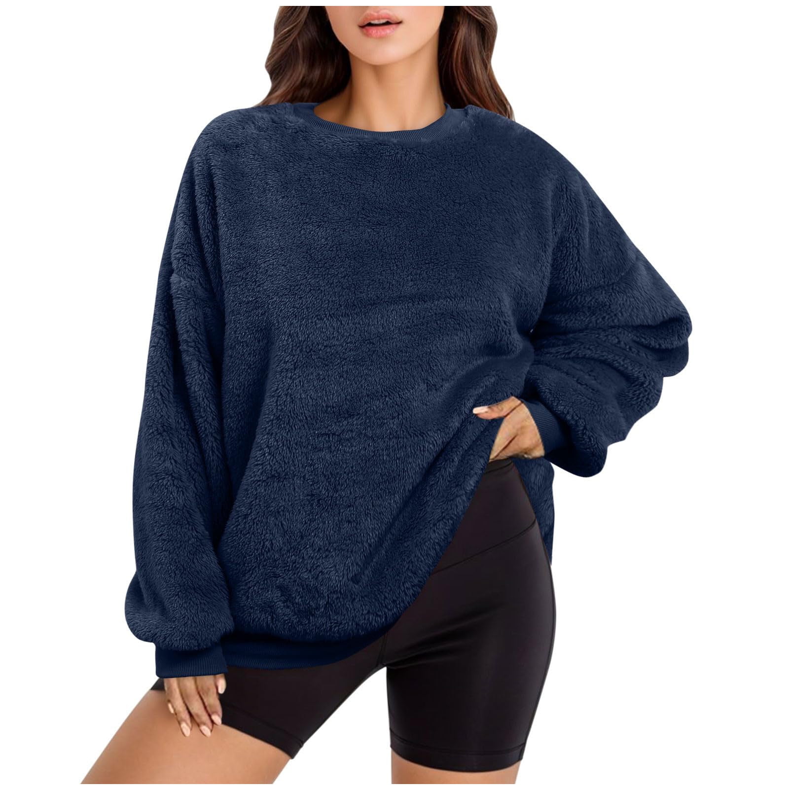 BLVB Womens Crewneck Fuzzy Sweatshirt Fleece Pullover Long Sleeve ...