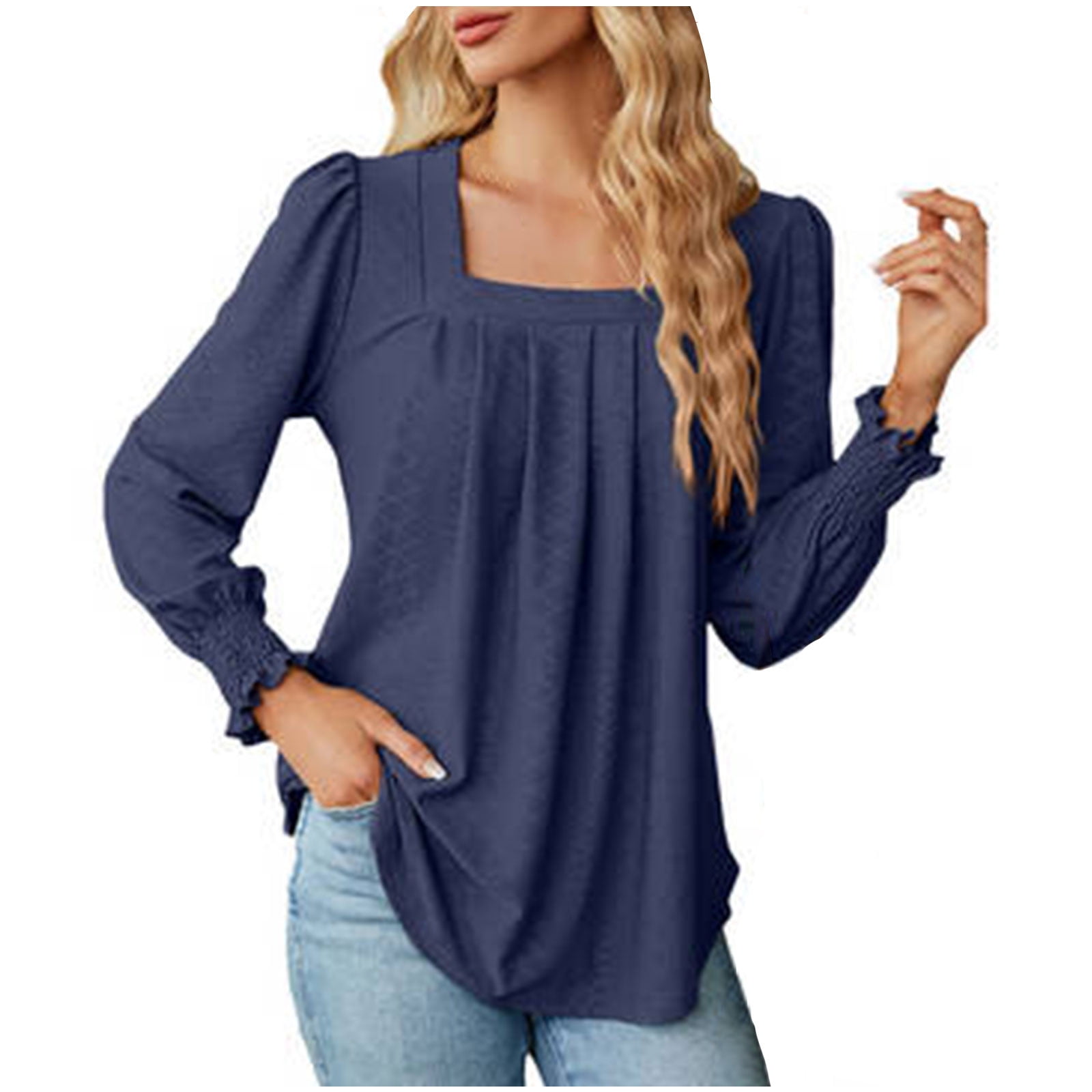 BLVB Womens Fall Spring Shirts Square Neck Pleated Long Sleeve Tunic ...