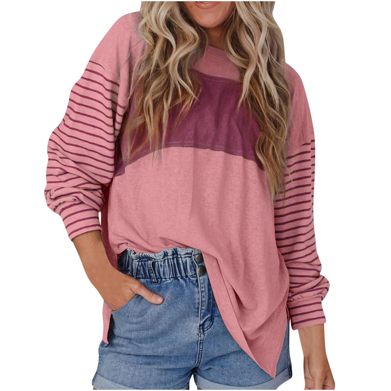 BLVB Womens Fall Spring Tops Striped Color Block Trendy Blouse Crewneck ...
