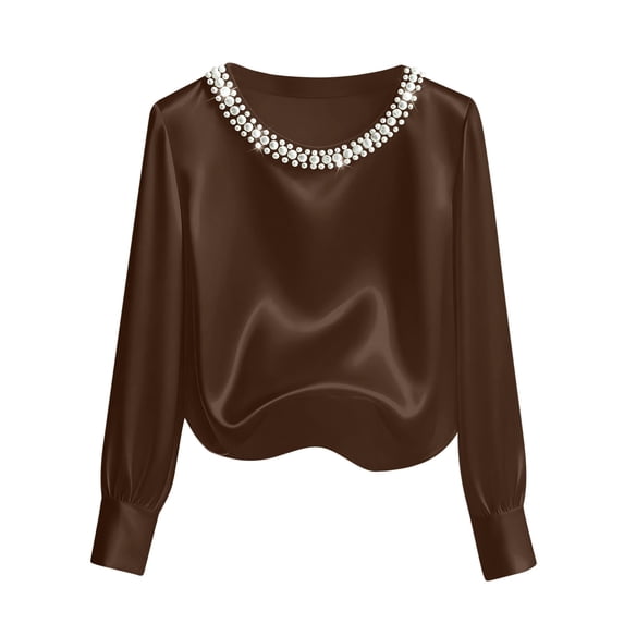 BLVB Womens Going out Satin Tops Pearl Elegant Silky Office Work Shirts ...