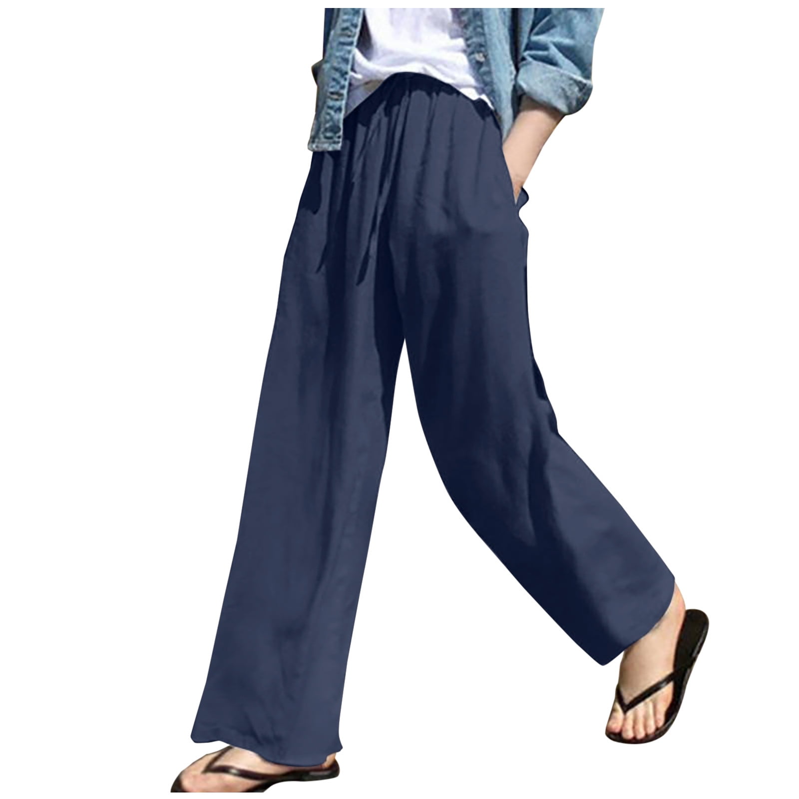 Blvb Womens Plus Size Cotton Linen Wide Leg Pants Casual Elastic Waist