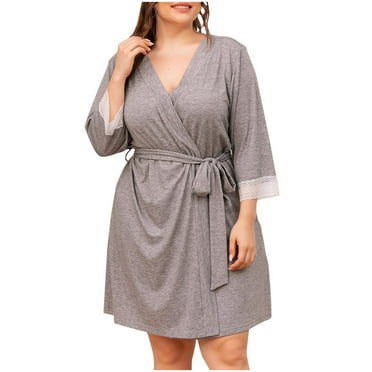 Plus size floral lace robe with scalloped trim and satin belt 60082Q ...