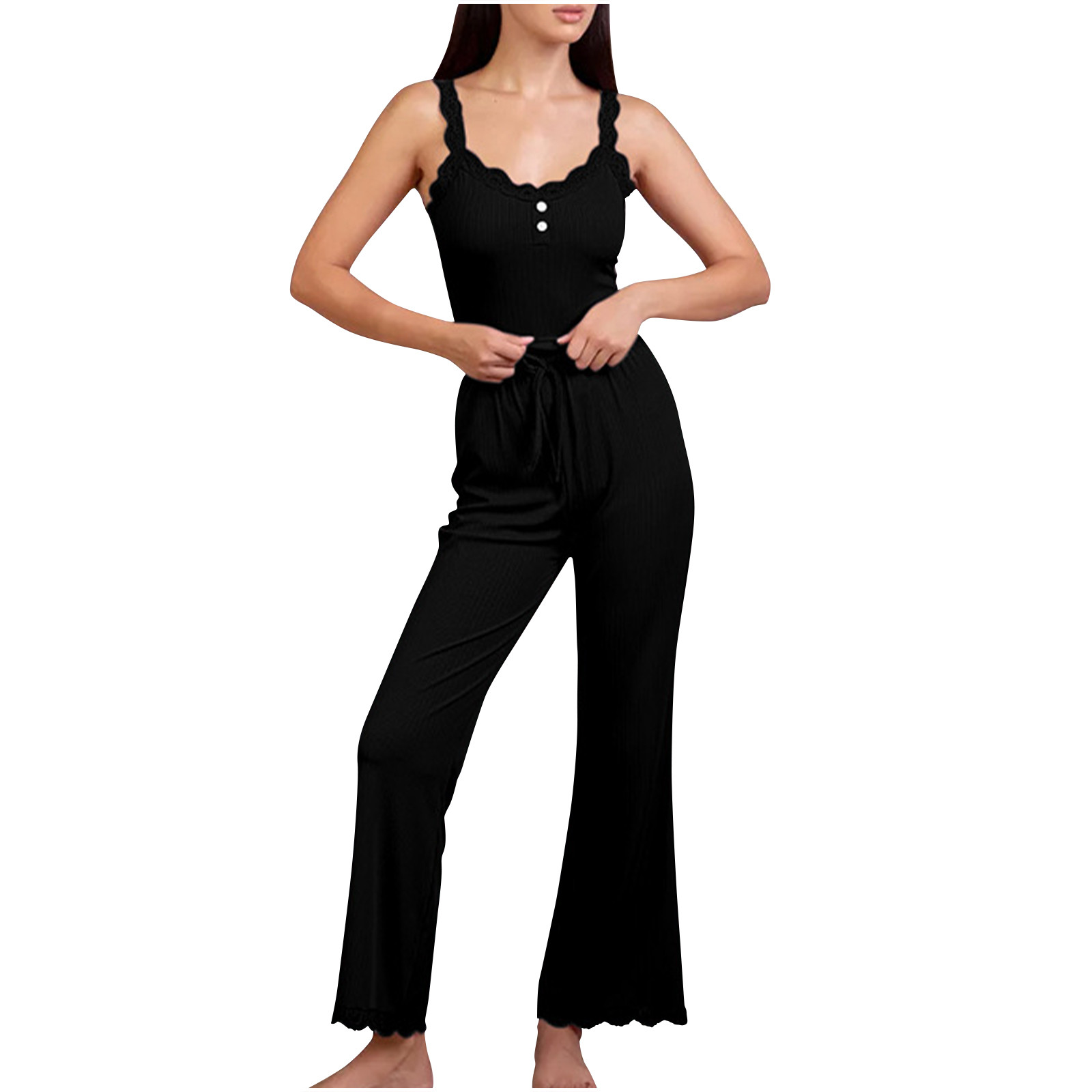 BLVB Womens Ribbed Pajamas Set Lace Trim Cami Top and Wide Leg Long ...