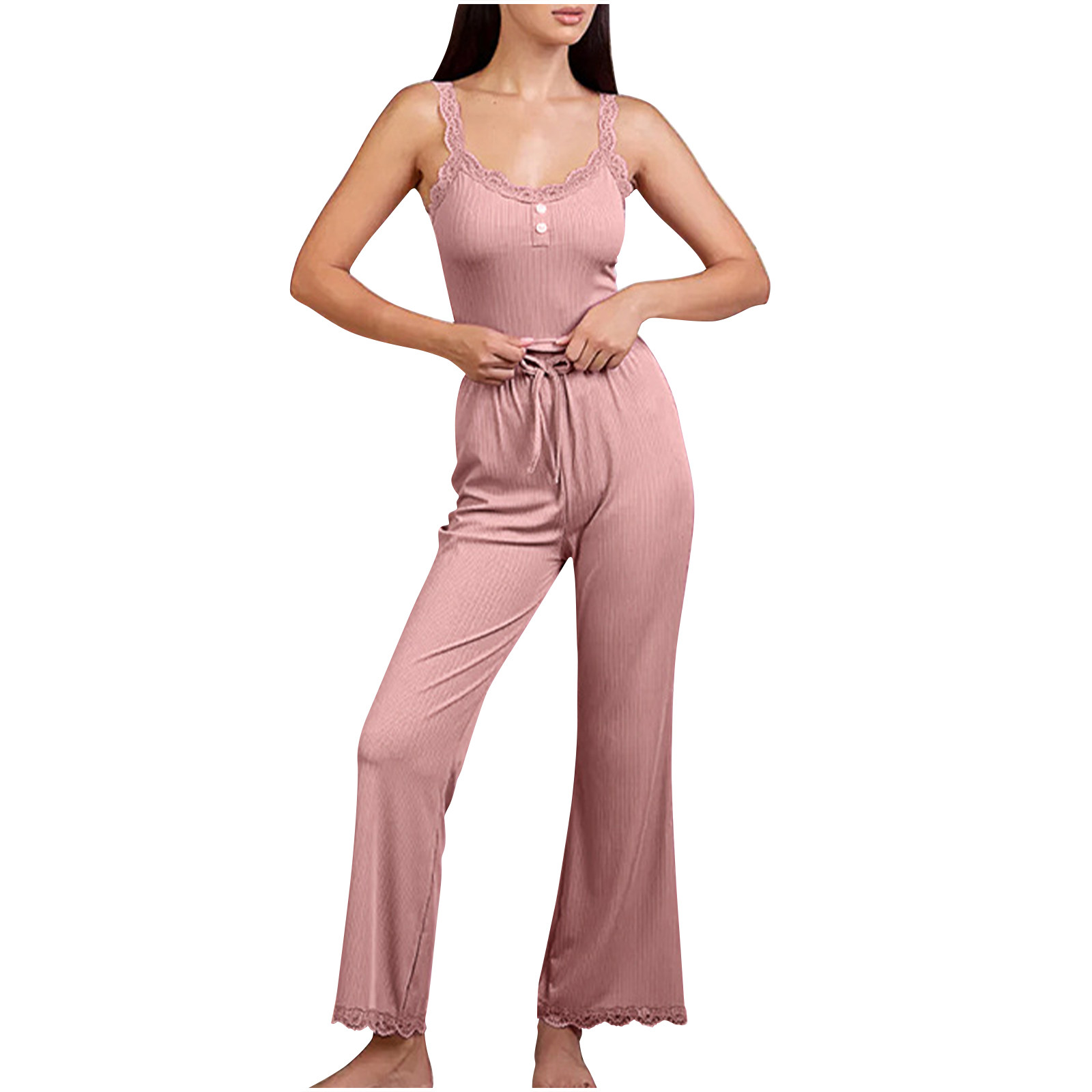 BLVB Womens Ribbed Pajamas Set Lace Trim Cami Top and Wide Leg Long ...