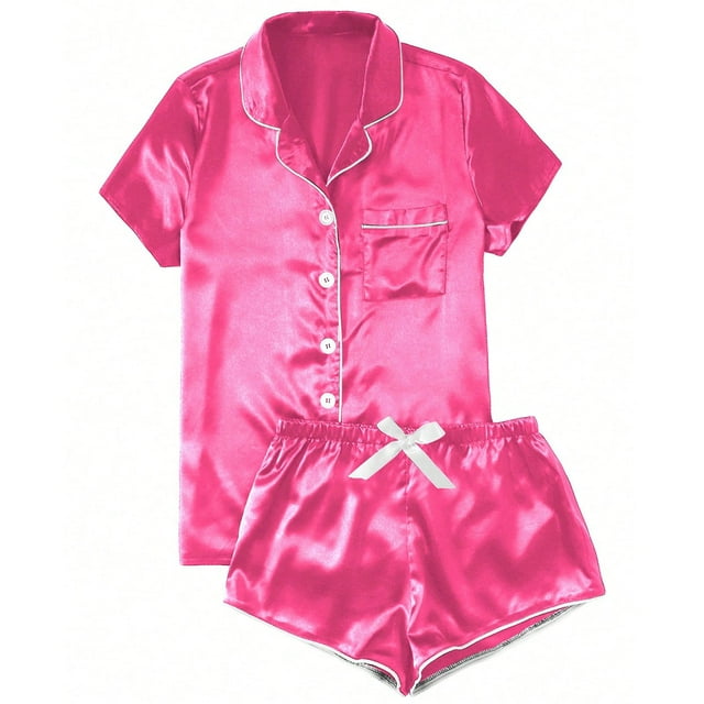 BLVB Womens Satin Pajamas Sets Short Sleeve Button Down Pjs Set ...