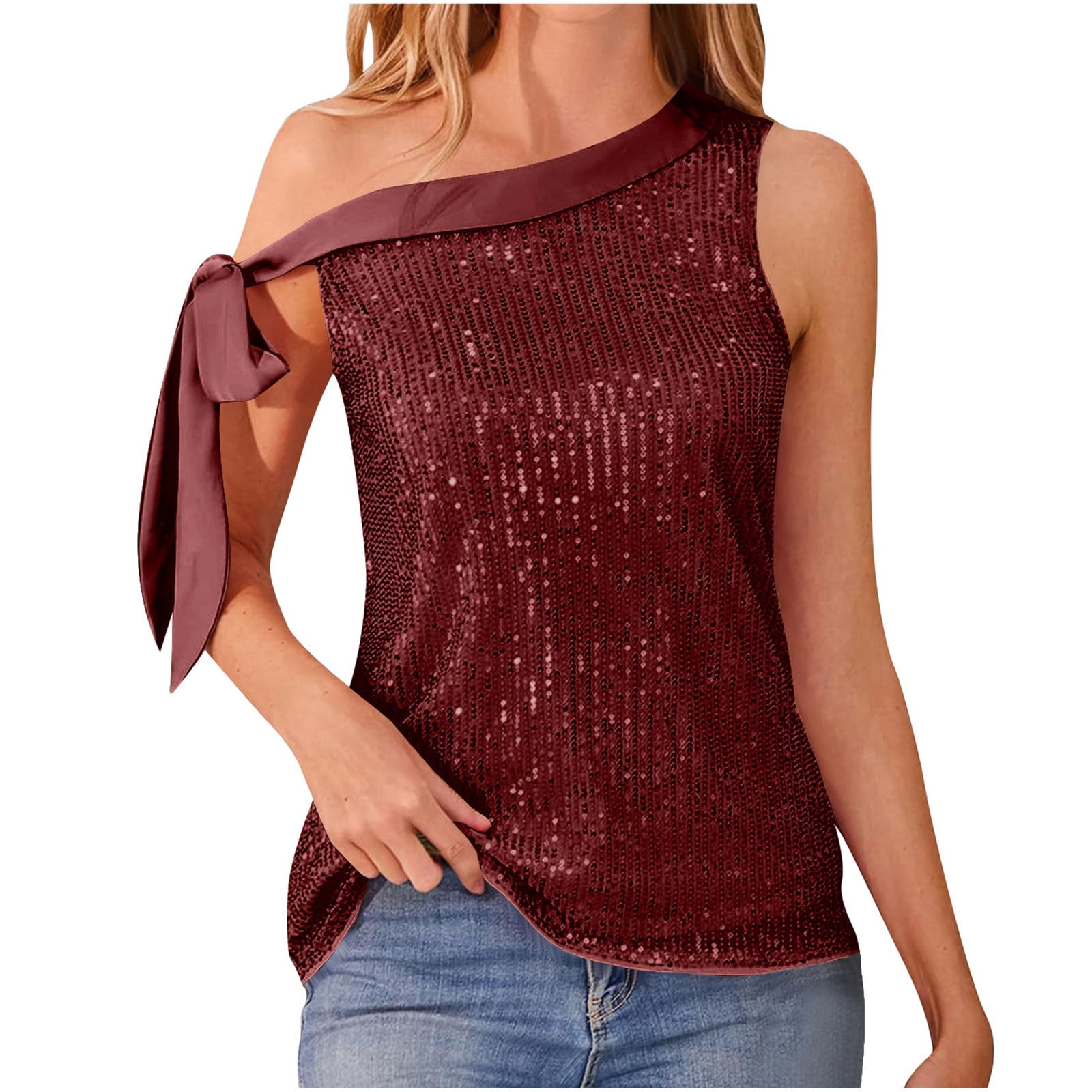 Blvb Womens Sequin Tops Sleeveless One Shoulder Sparkle Camisole