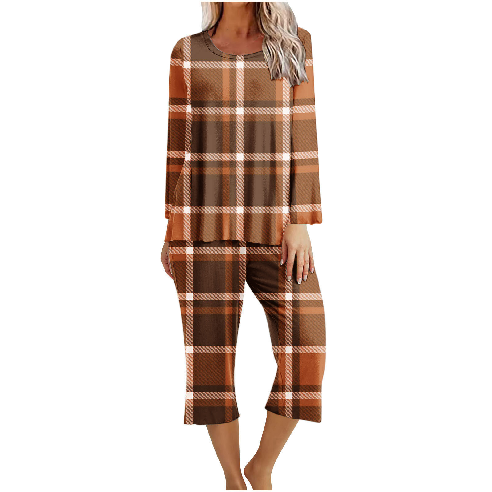 BLVB Womens Soft Plaid Pajamas Sets Long Sleeve Crewneck Tops with ...