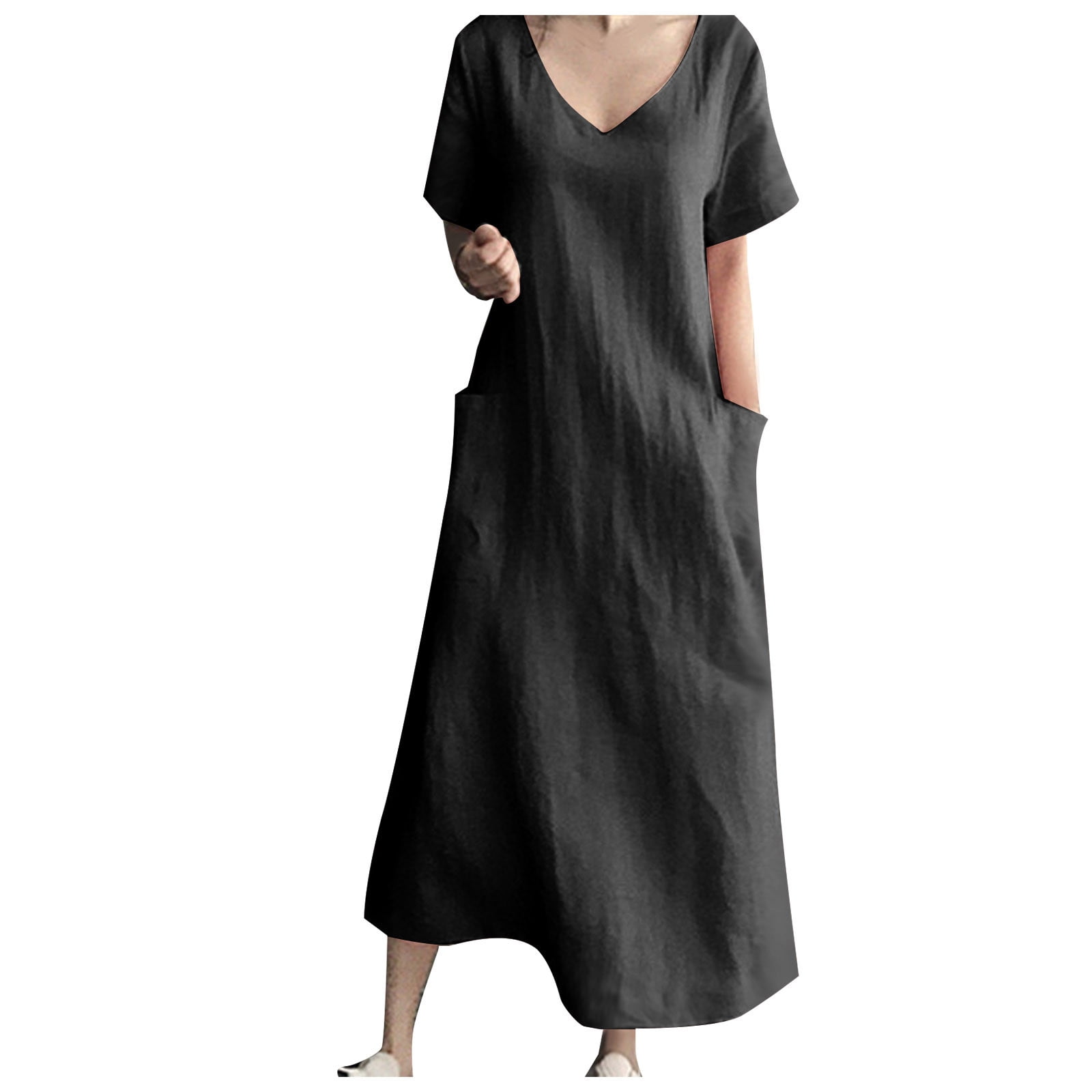 BLVB Womens Spring Summer Cotton Linen Dresses V Neck Short Sleeve ...