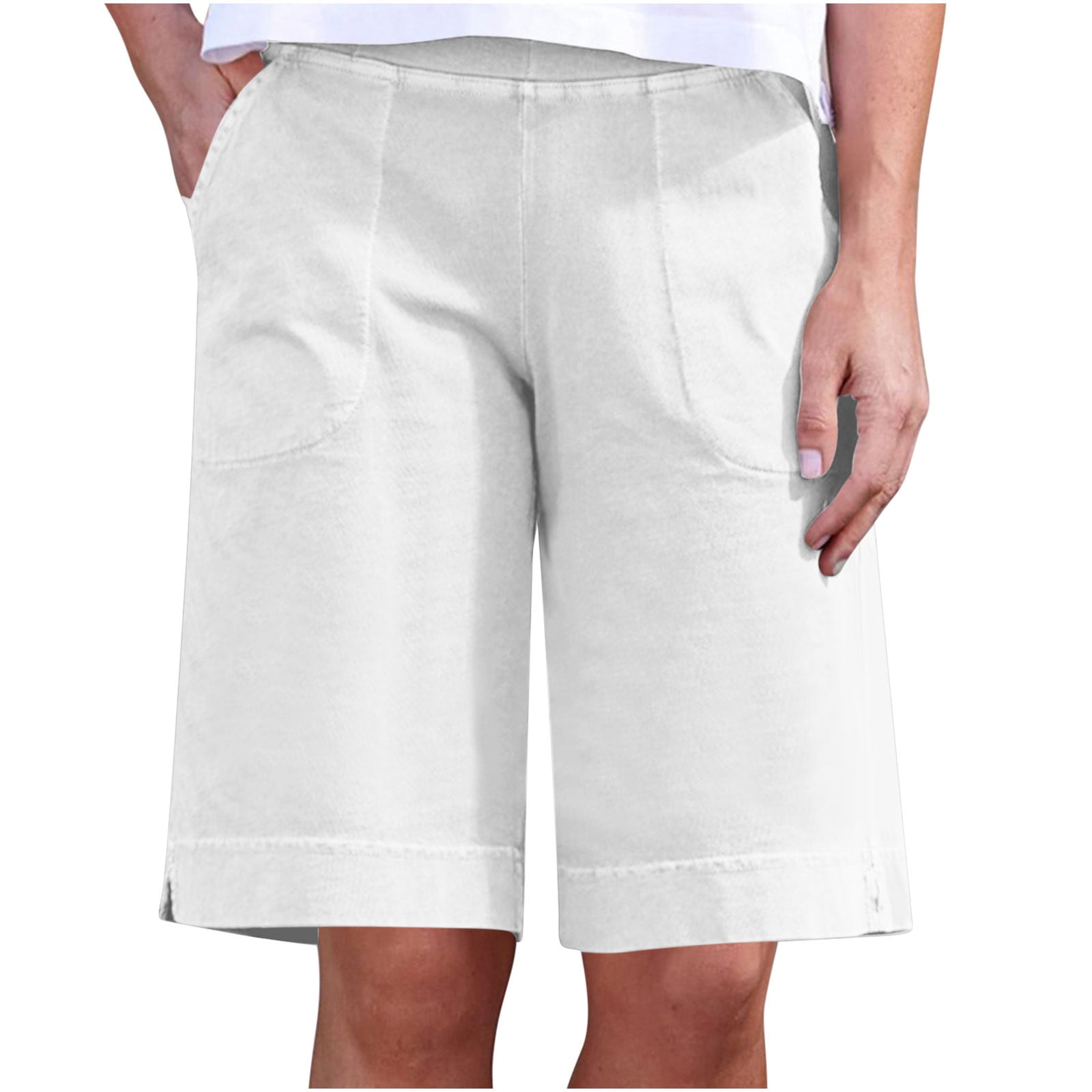 BLVB Womens Summer Cotton Linen Shorts High Waist Knee Length Loose ...