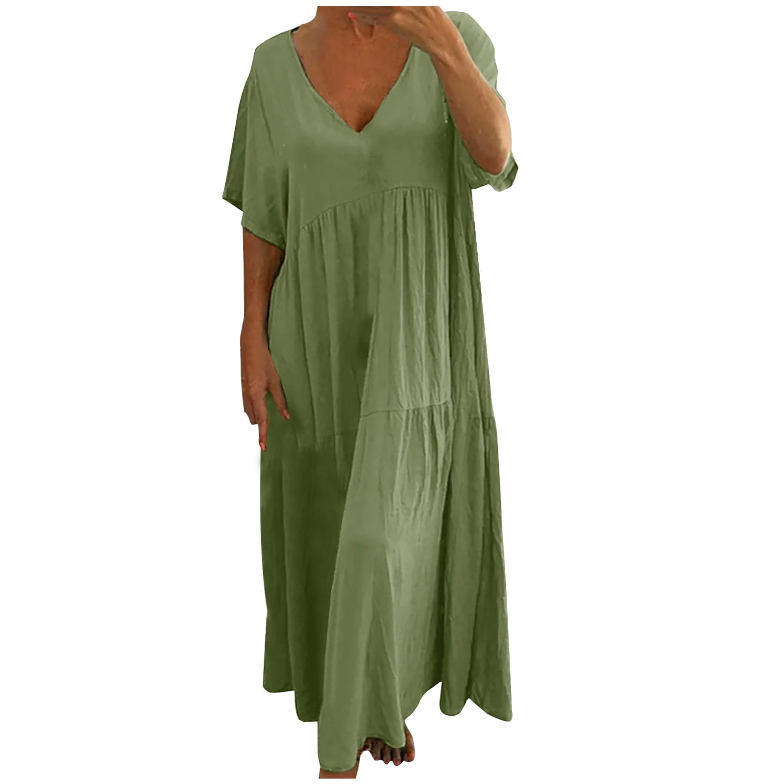 Blvb Womens Summer Dresses 2024 Casual Short Sleeve V Neck Cotton Linen
