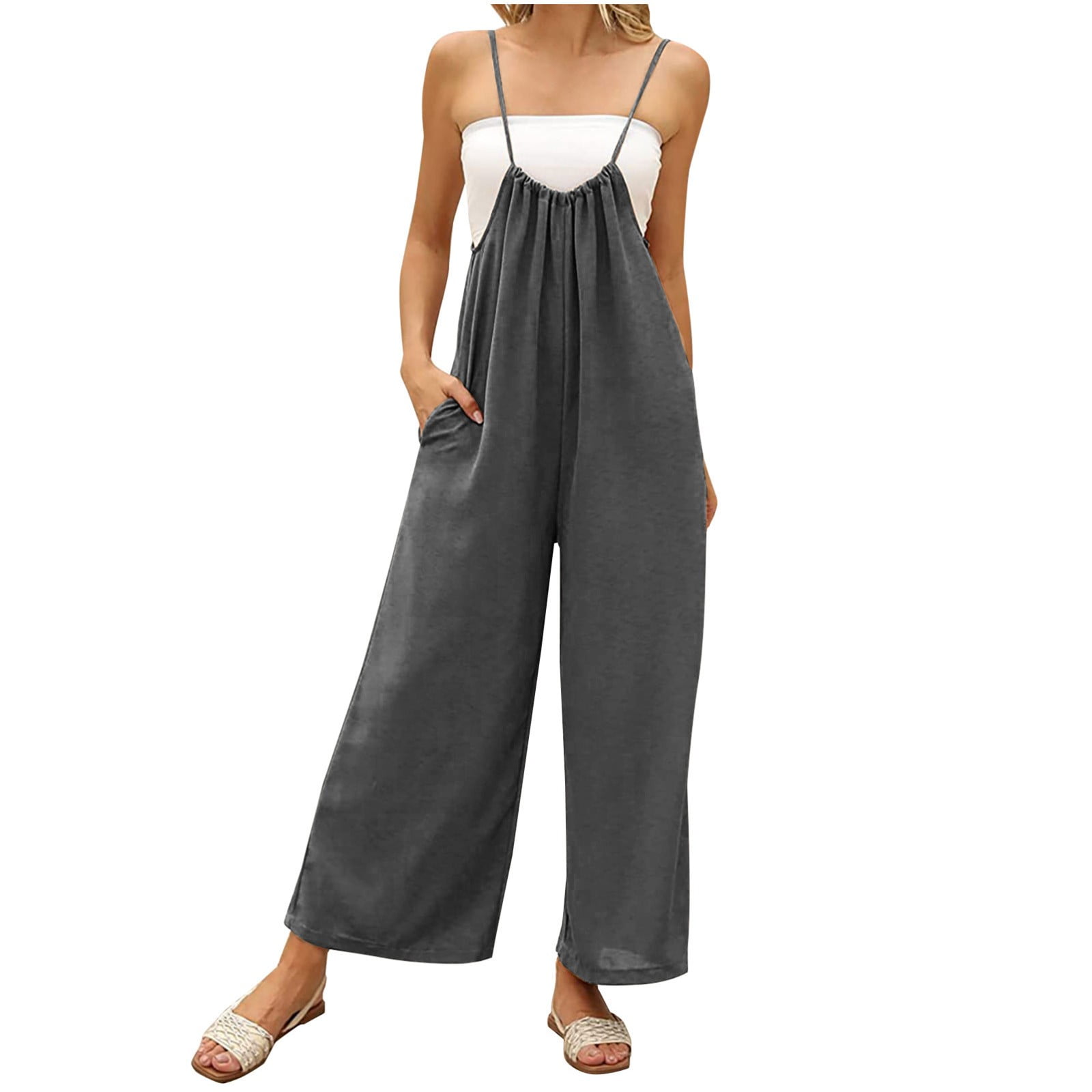 BLVB Womens Summer Overalls Wide Leg Sleeveless Baggy Jumpsuits Casual ...