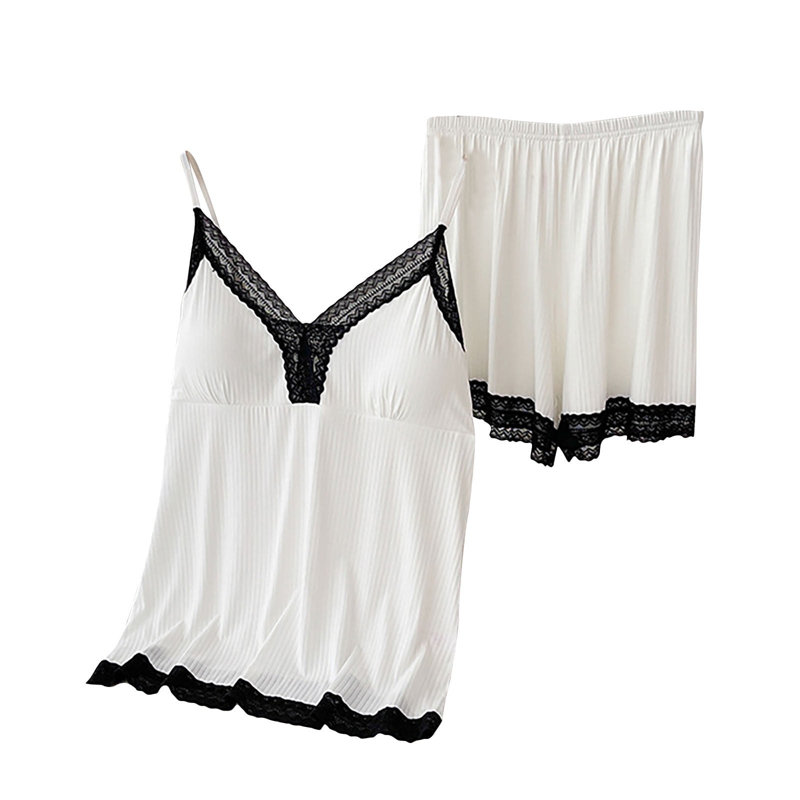 BLVB Womens Summer Pajama Sets 2 Piece Lace V Neck Cami Tops Built-In ...