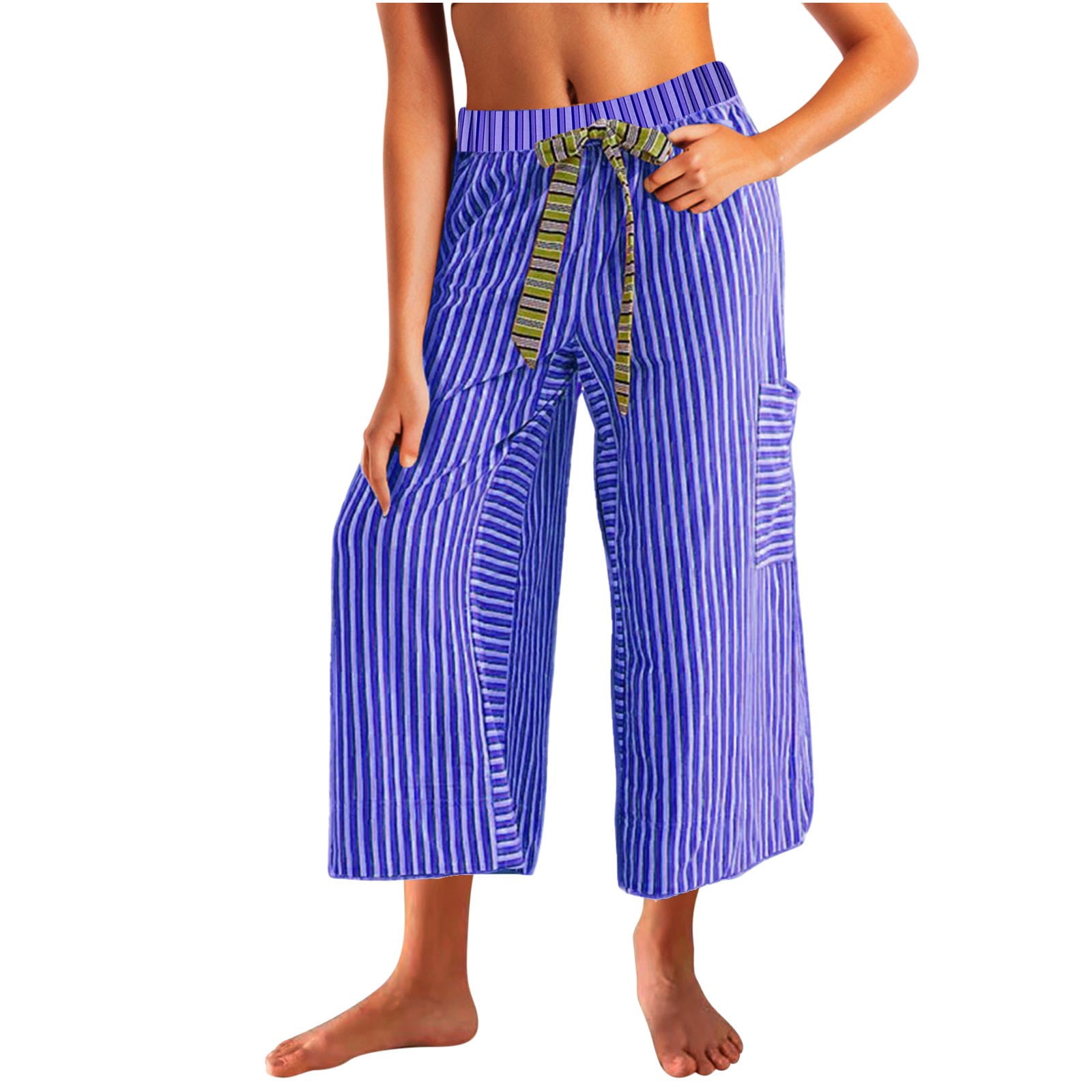 BLVB Womens Summer Wide Leg Capri Pants Drawstring Waist Striped Baggy ...