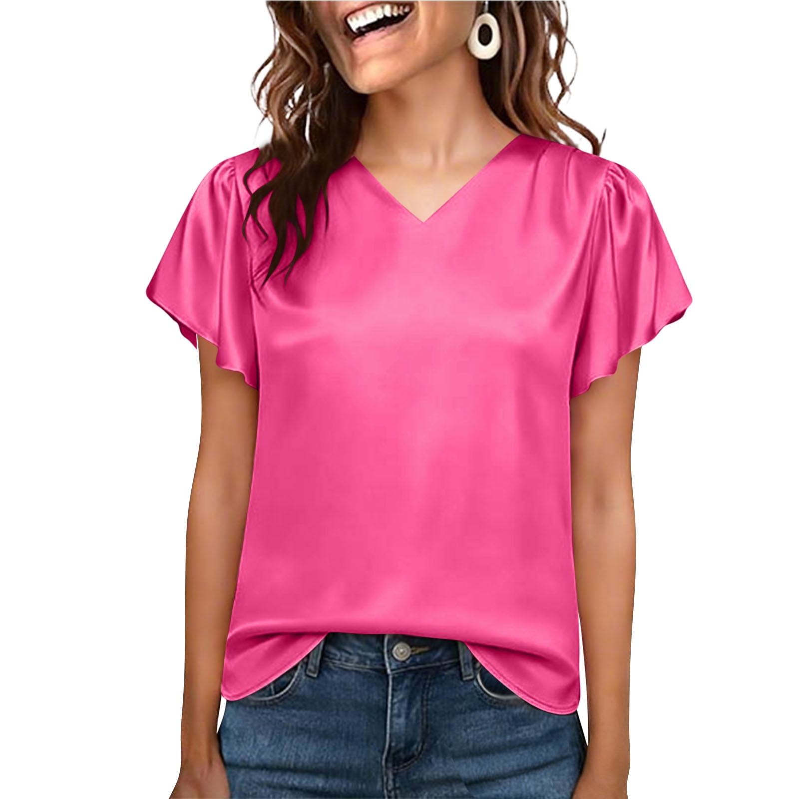 BLVB Womens V Neck Silk Satin Tops Dressy Short Sleeve Work Tunic ...